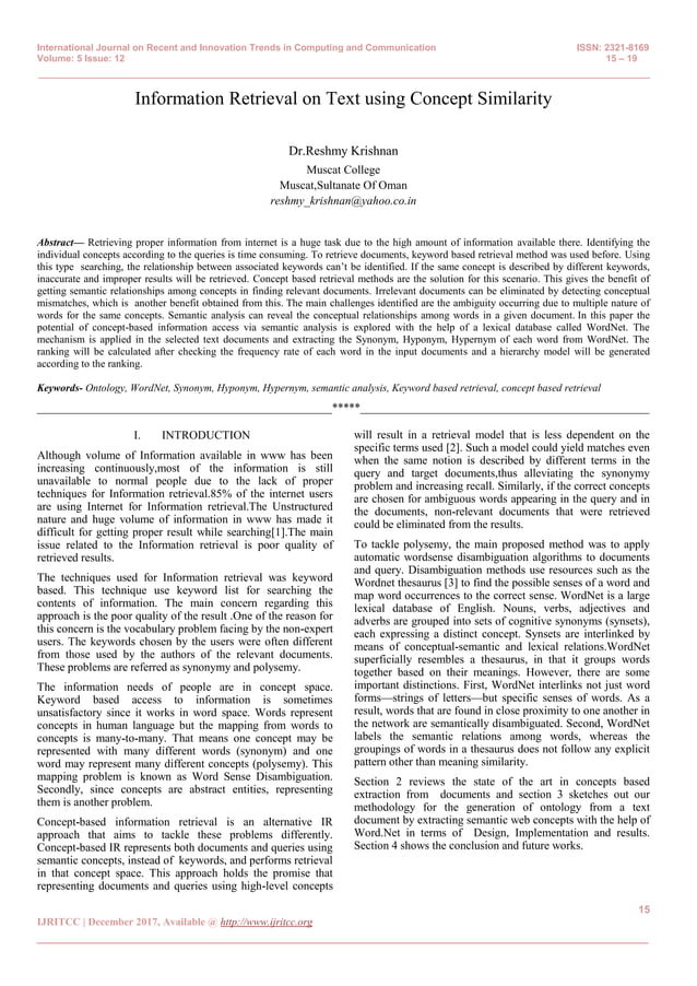 Information Retrieval on Text using Concept Similarity | PDF