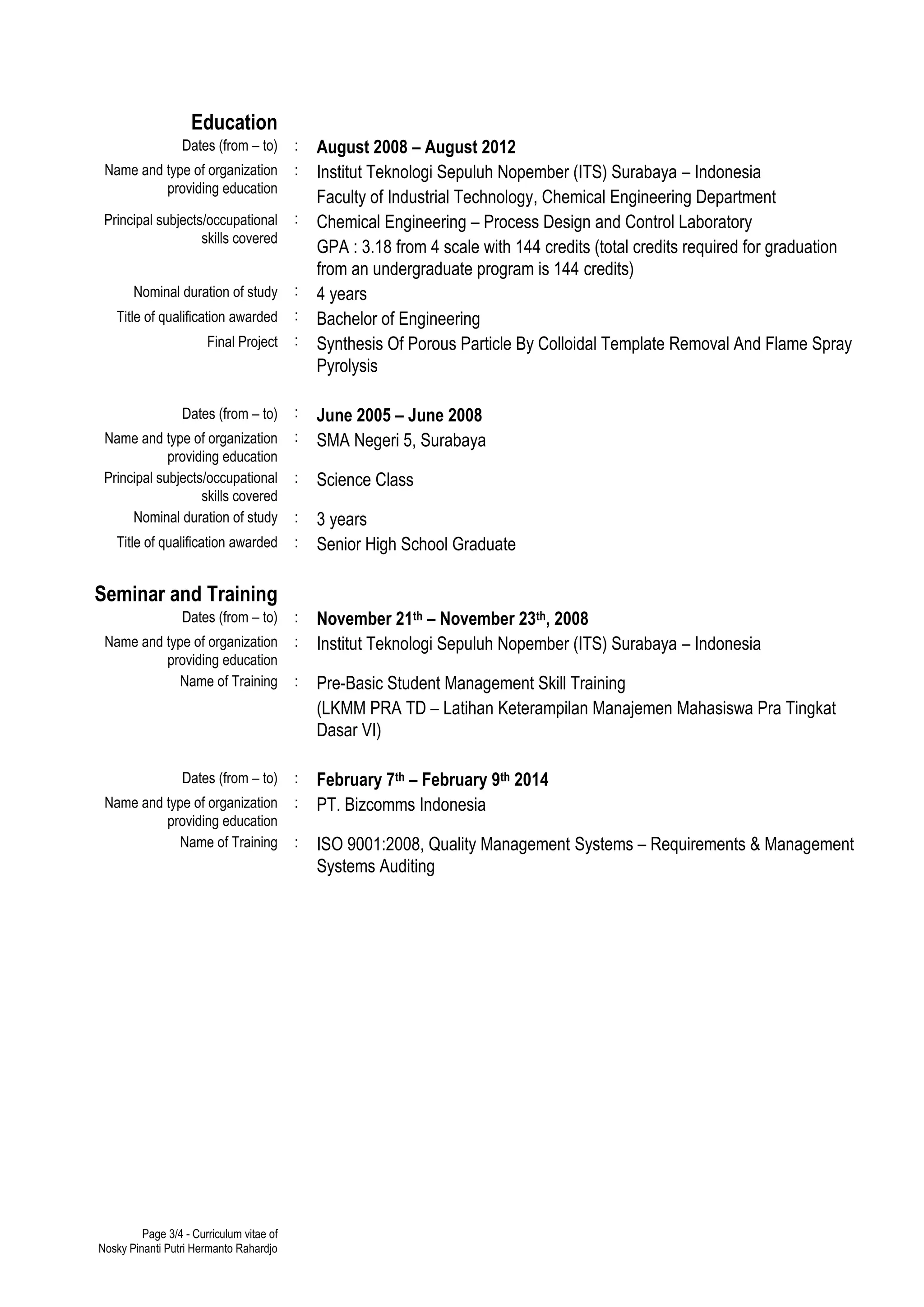 Curriculum Vitae - Nosky Pinanti Putri HR | PDF