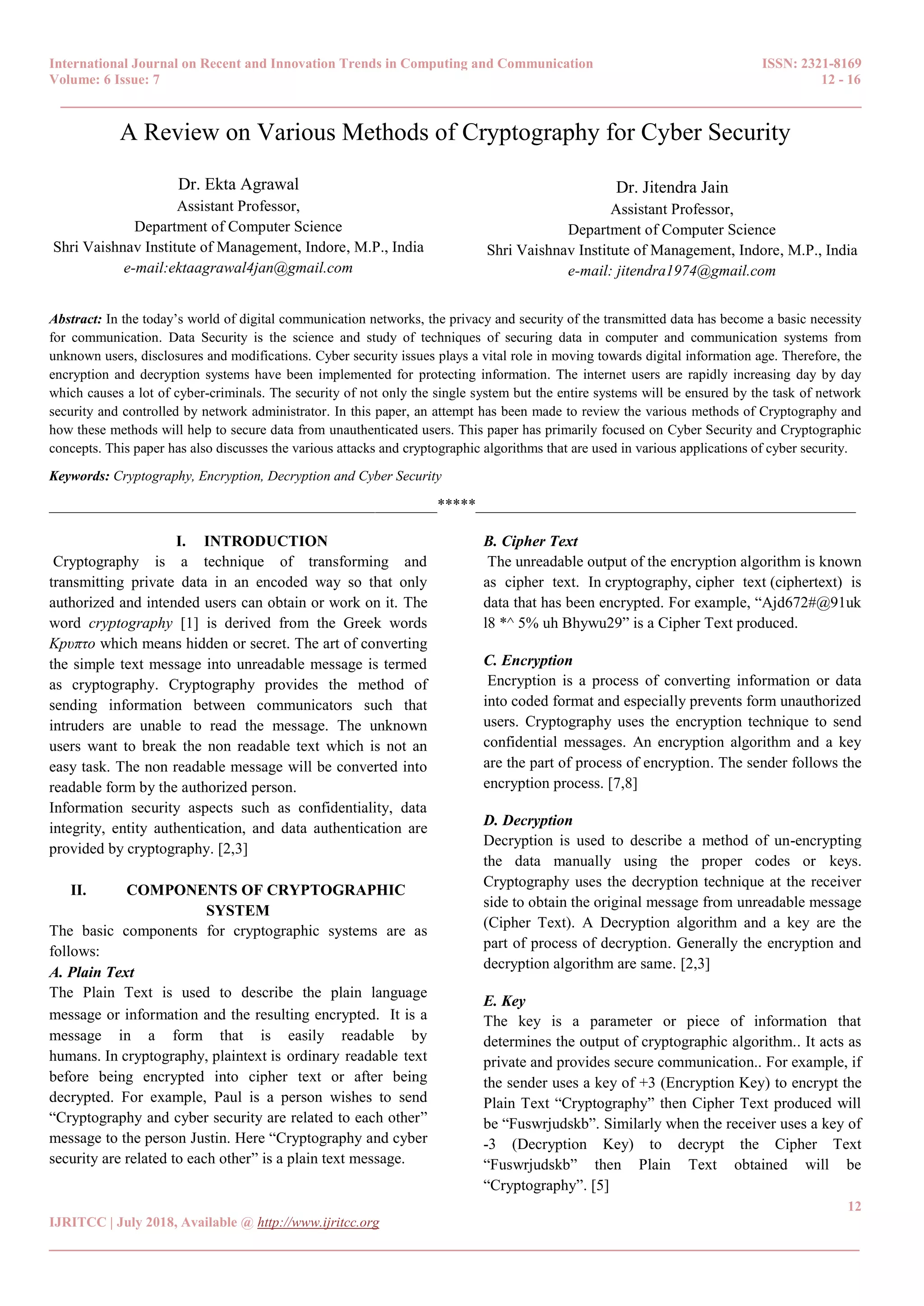 A Review on Various Methods of Cryptography for Cyber Security | PDF
