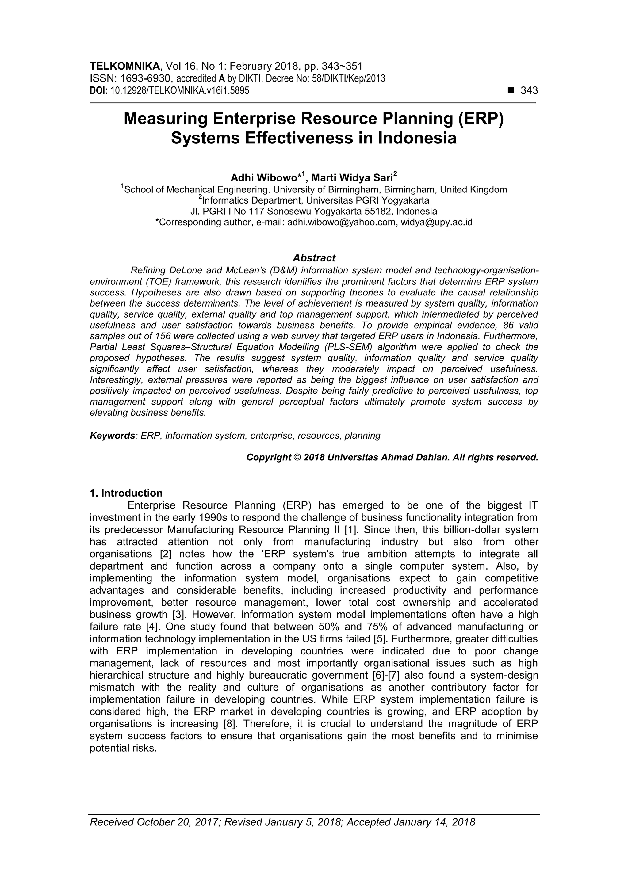 Measuring Enterprise Resource Planning (ERP) Systems Effectiveness in Indonesia | PDF