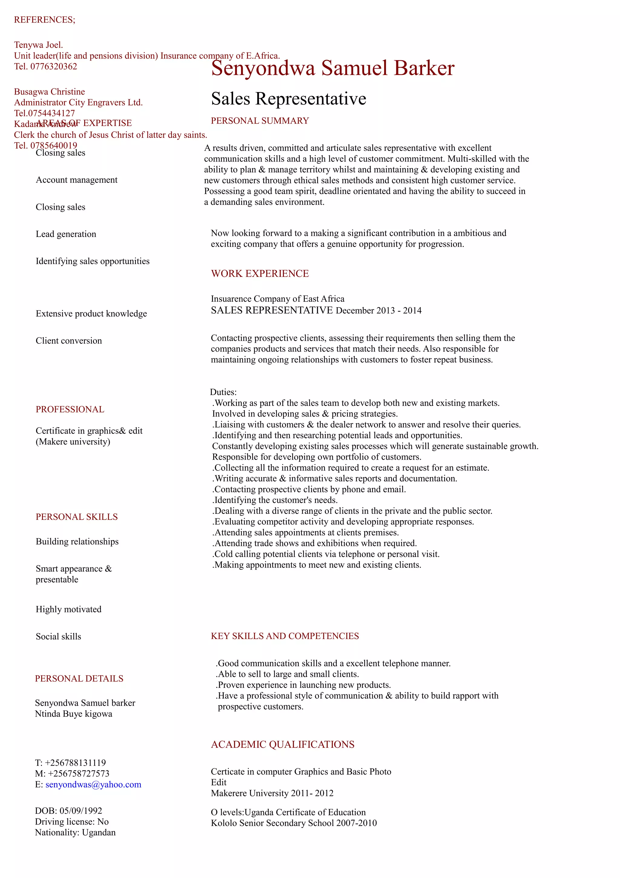 Sales_representative_CV_word complete | RTF | Sales | Business