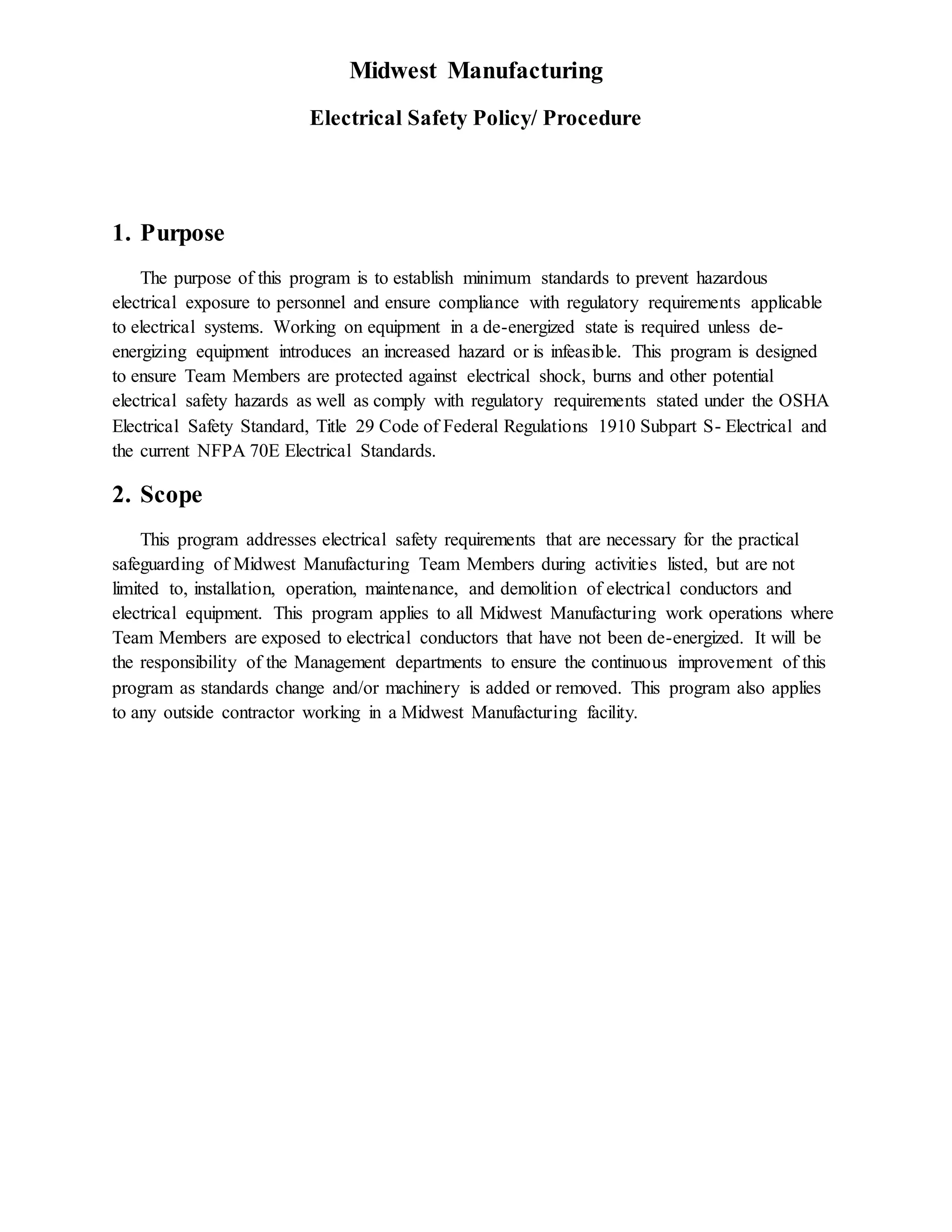 MM Electrical Safety Policy-Procedure draft 2 | DOCX