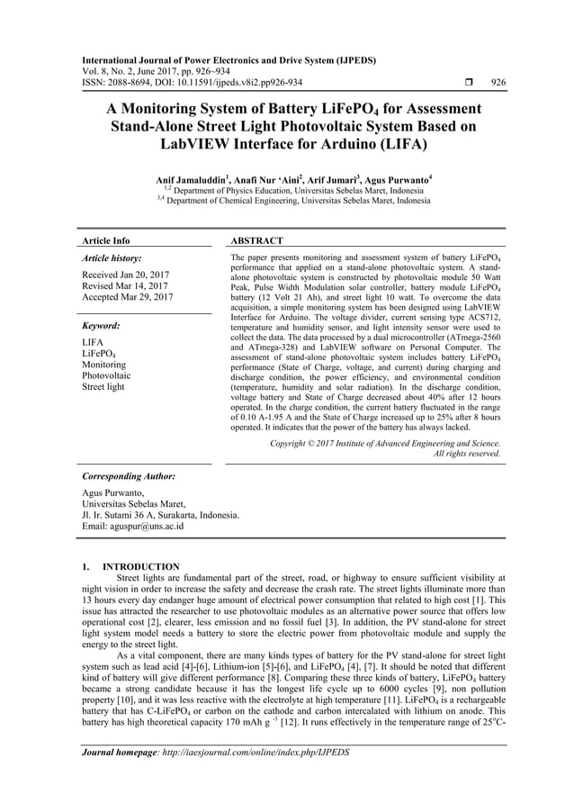 A Monitoring System of Battery LiFePO4 for Assessment Stand-Alone ...