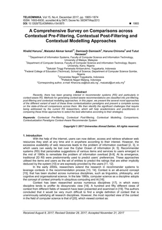 A Comprehensive Survey on Comparisons across Contextual Pre-Filtering, Contextual Post-Filtering ...
