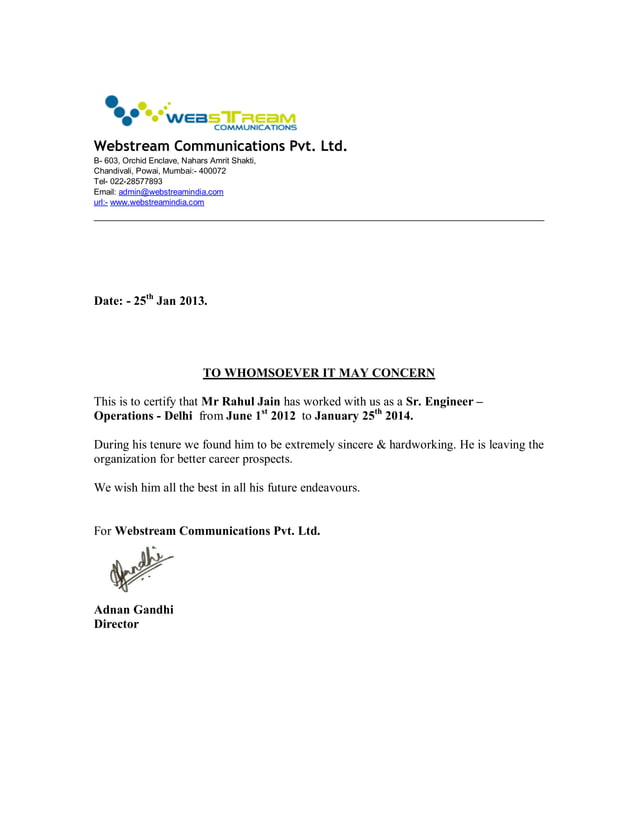Experience letter - Rahul Jain | PDF