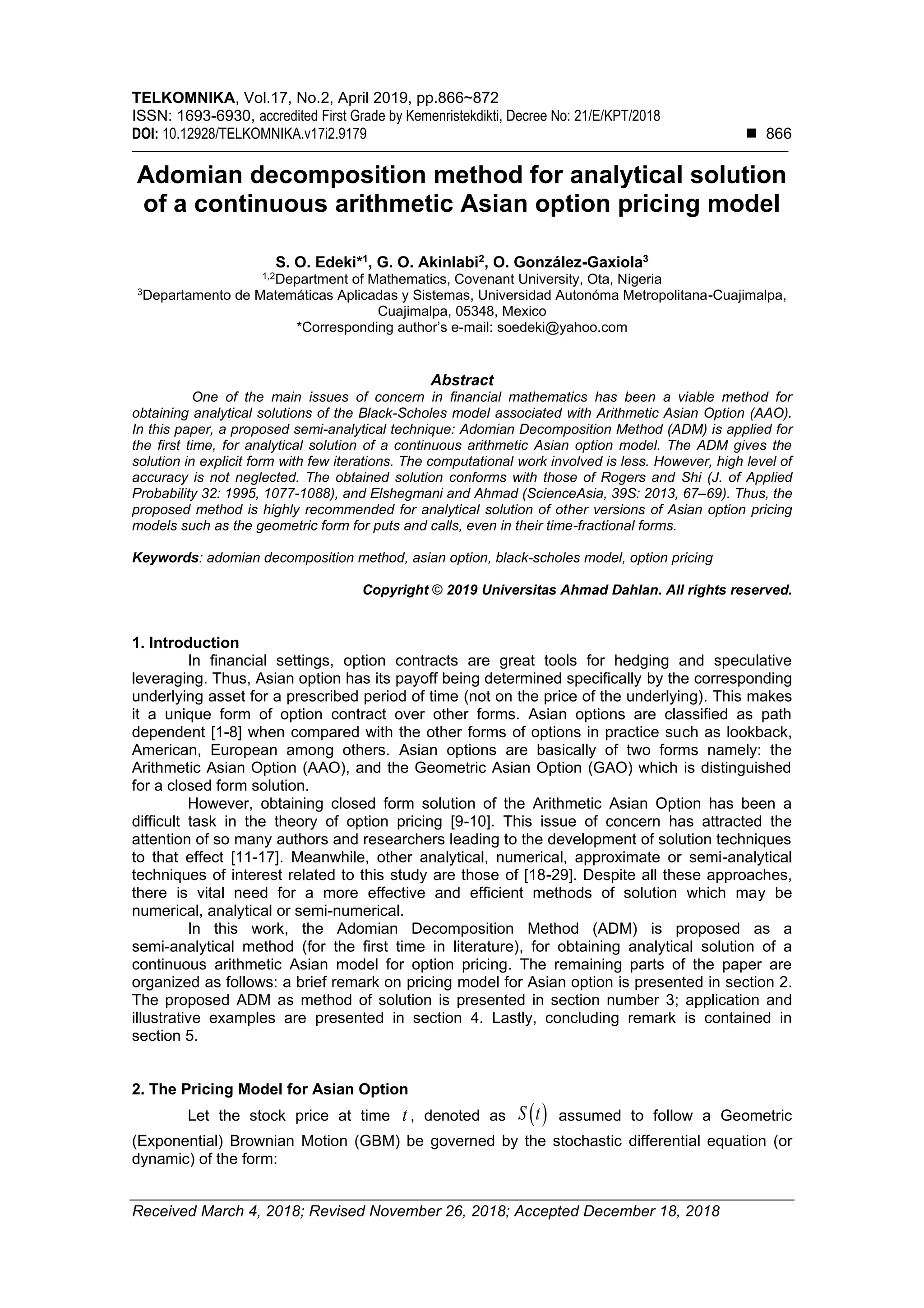 Adomian Decomposition Method For Analytical Solution Of A Continuous Arithmetic Asian Option