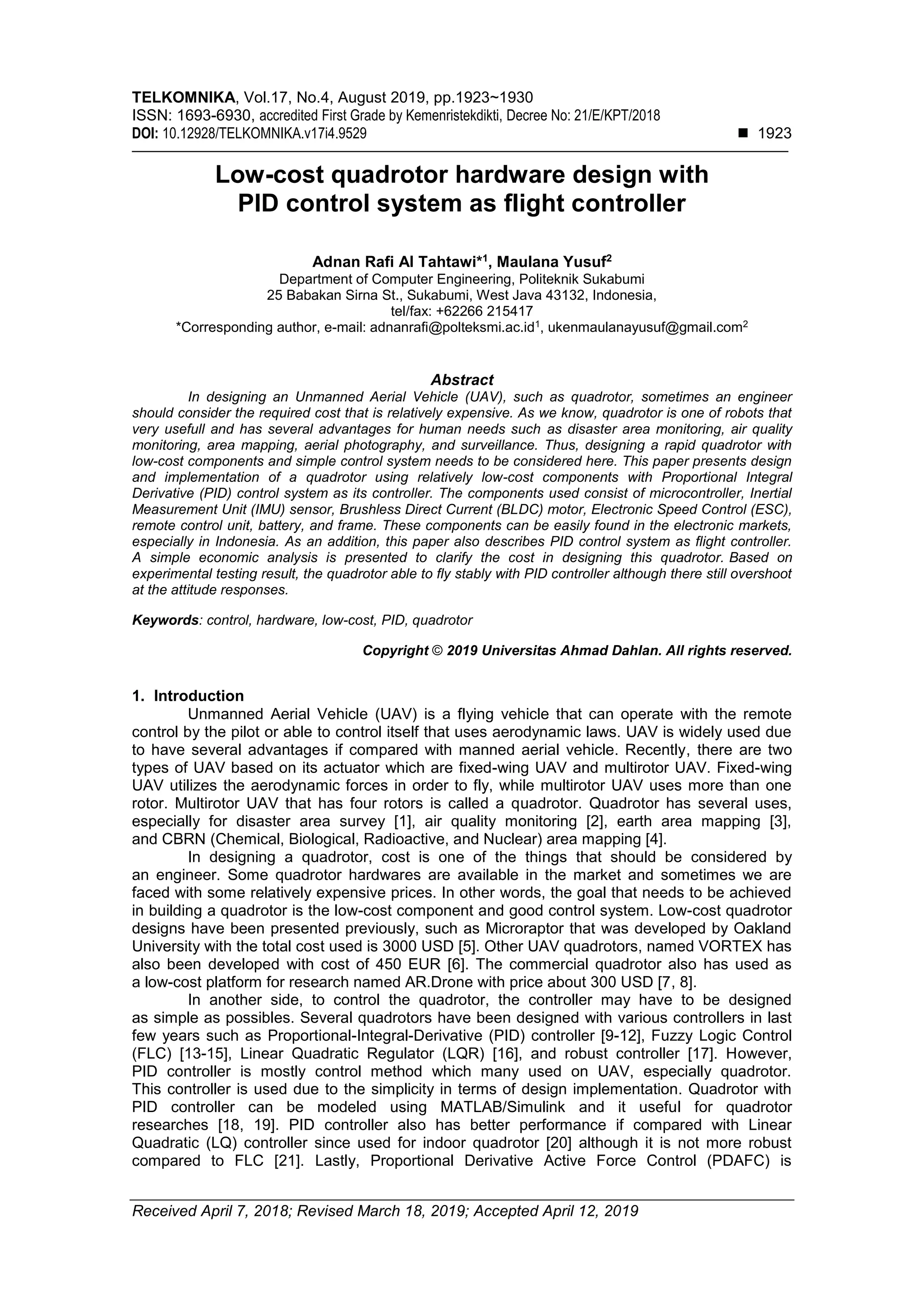 Low-cost quadrotor hardware design with PID control system as flight controller | PDF