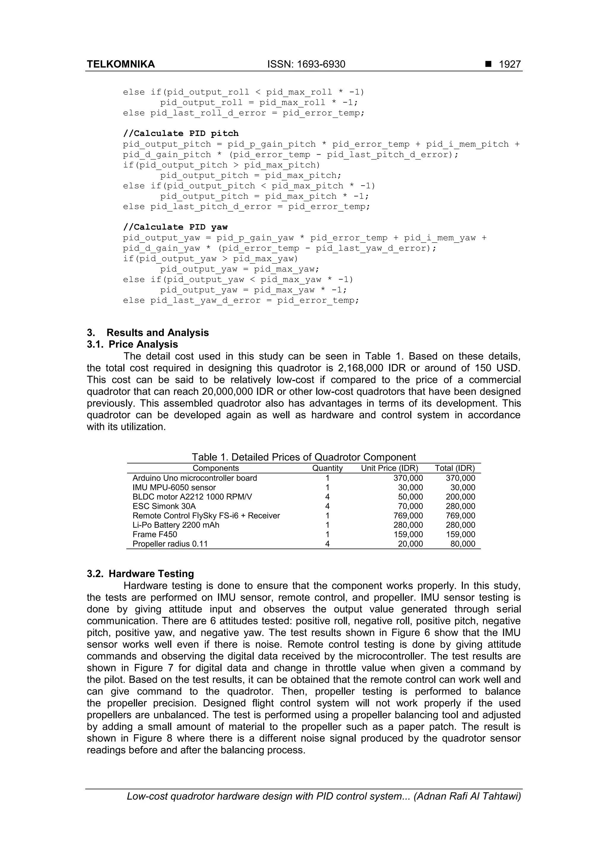 Low-cost quadrotor hardware design with PID control system as flight controller | PDF