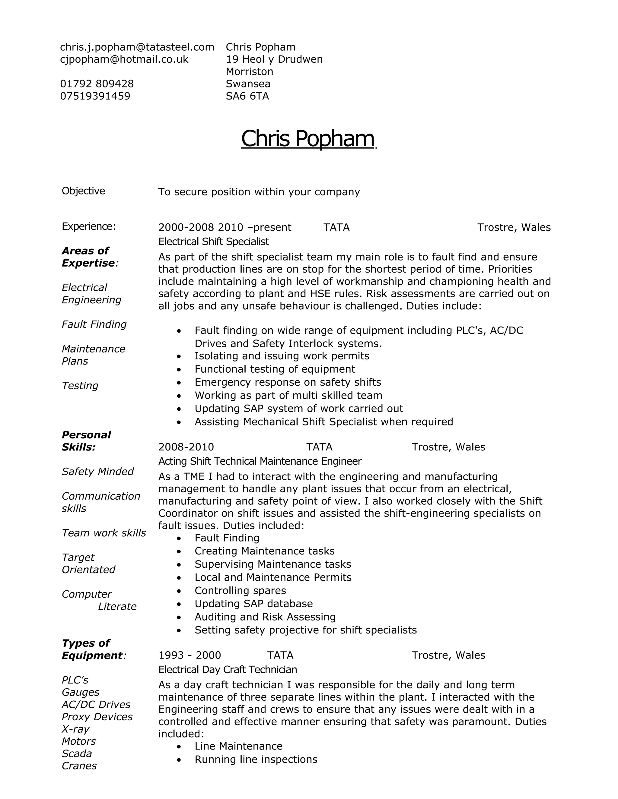 chris popham cv | DOC | Business | Business and Finance