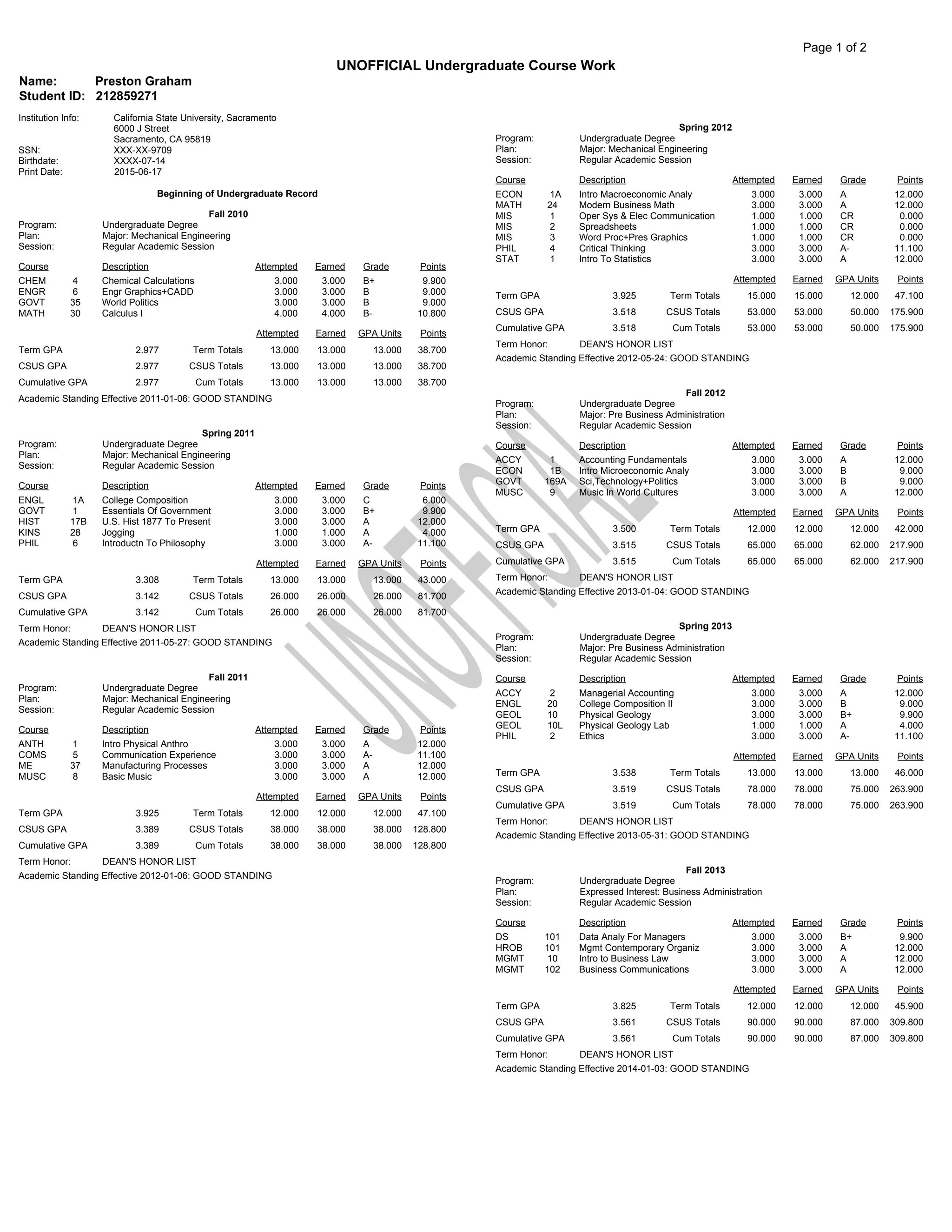 Unofficial Transcript 2015 | PDF