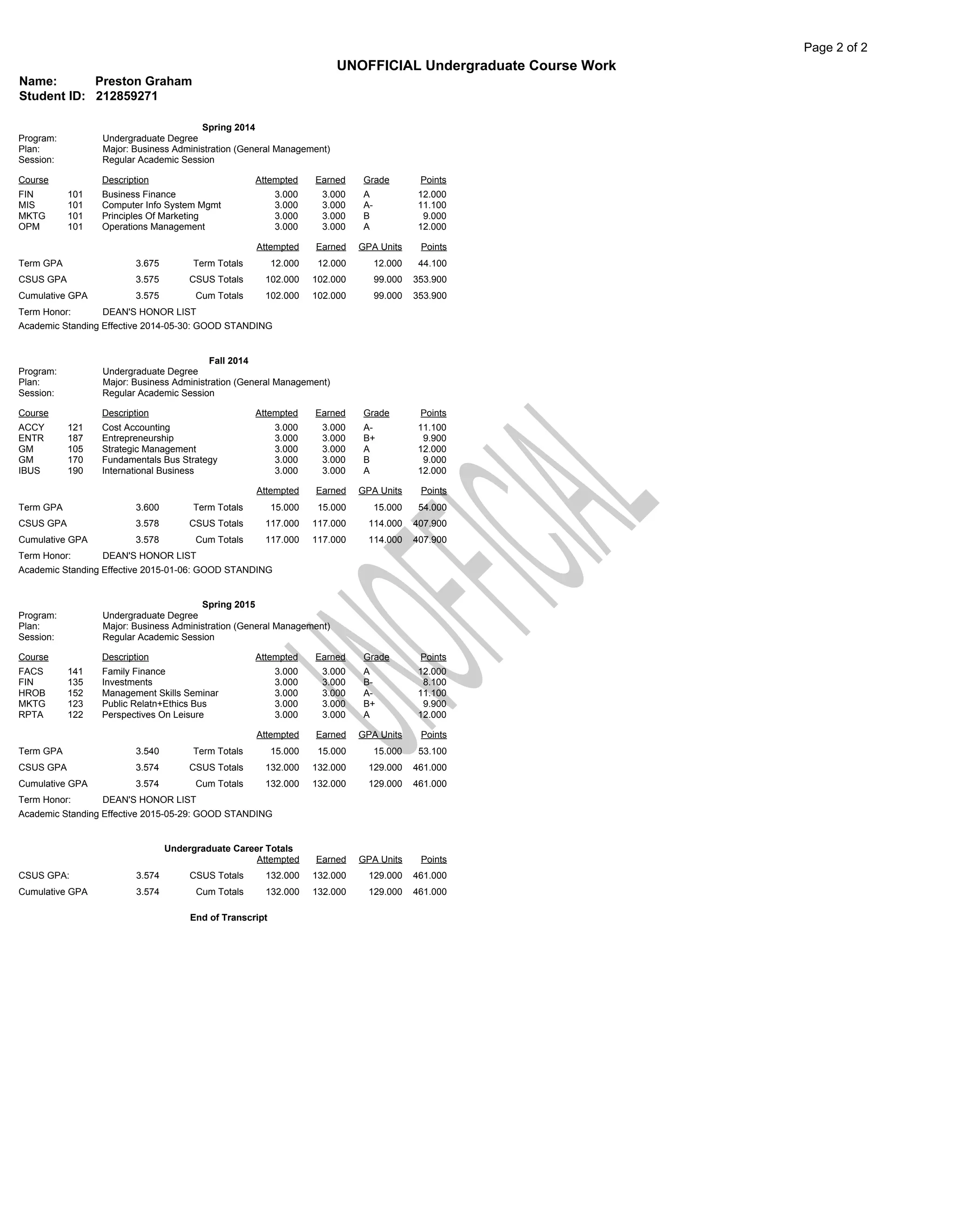 Unofficial Transcript 2015 | PDF | Undergraduate Education | College Education