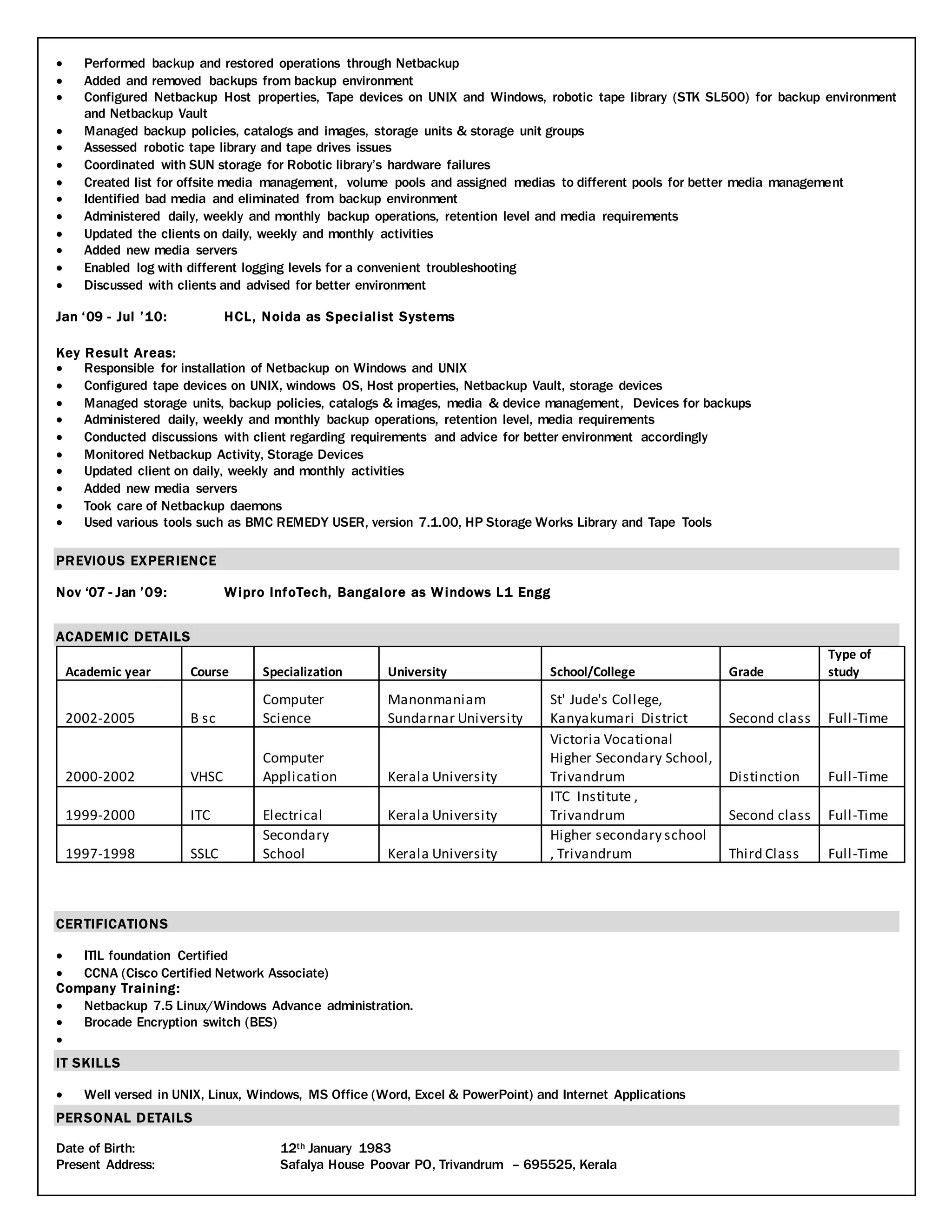 Storage-Backup-Resume | DOCX | Operating Systems | Computer Software and Applications