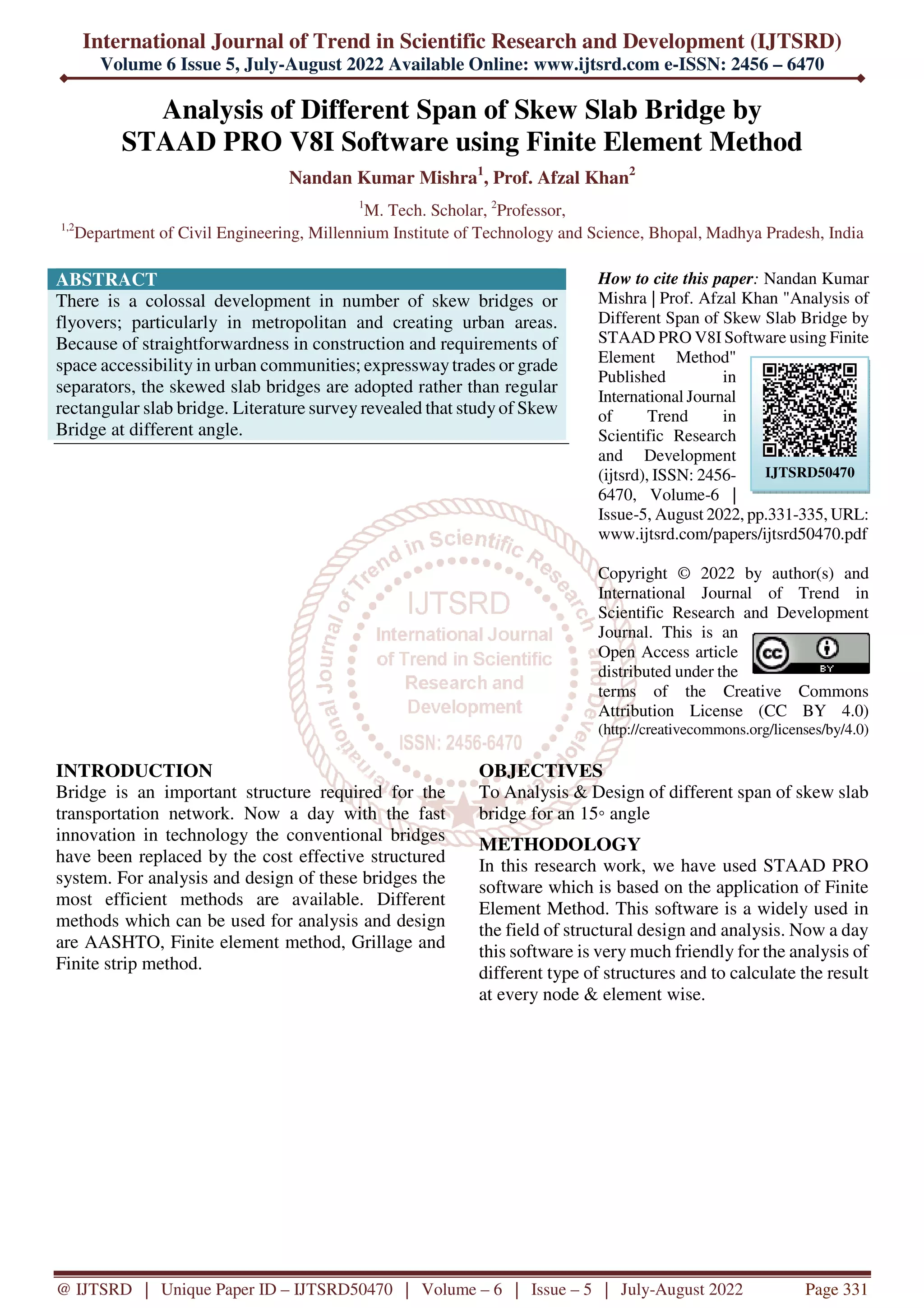 Analysis of Different Span of Skew Slab Bridge by STAAD PRO V8I Software using Finite Element ...