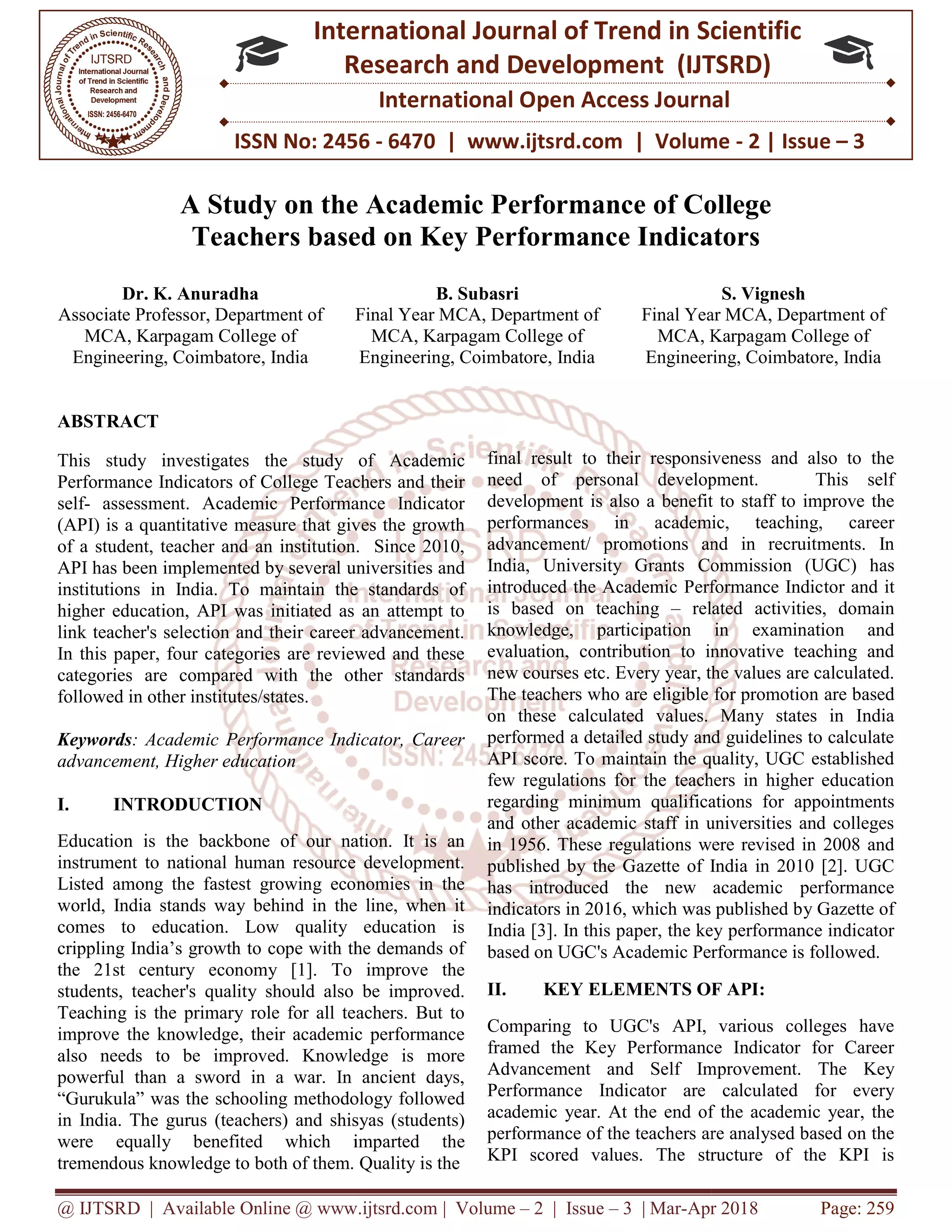 A Study on the Academic Performance of College Teachers based on Key ...