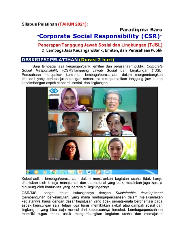 (2021) Silabus Pelatihan “Paradigma Baru CSR (TJSL=Tanggung Jawab ...