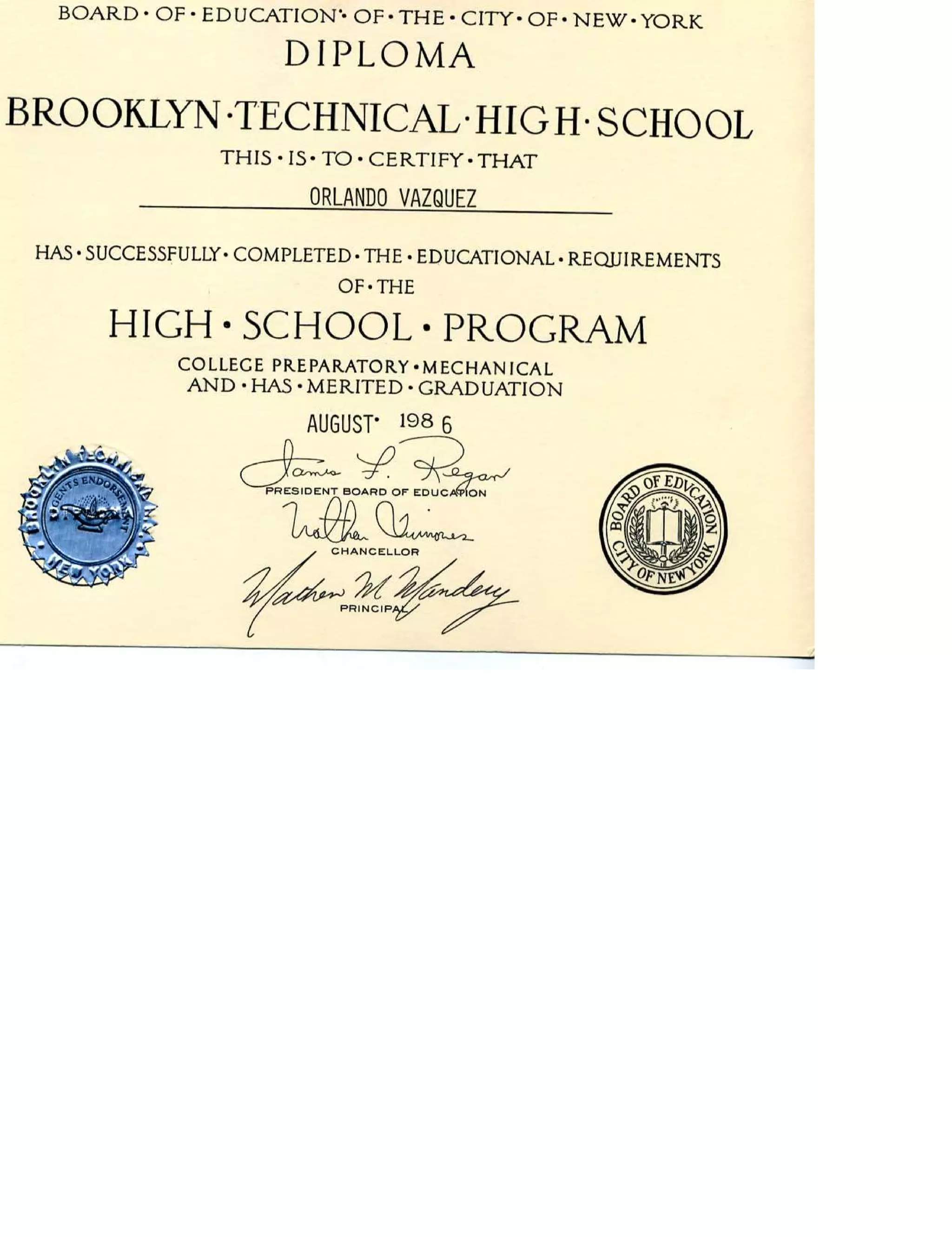 Brooklyn Technical High School Diploma | PDF