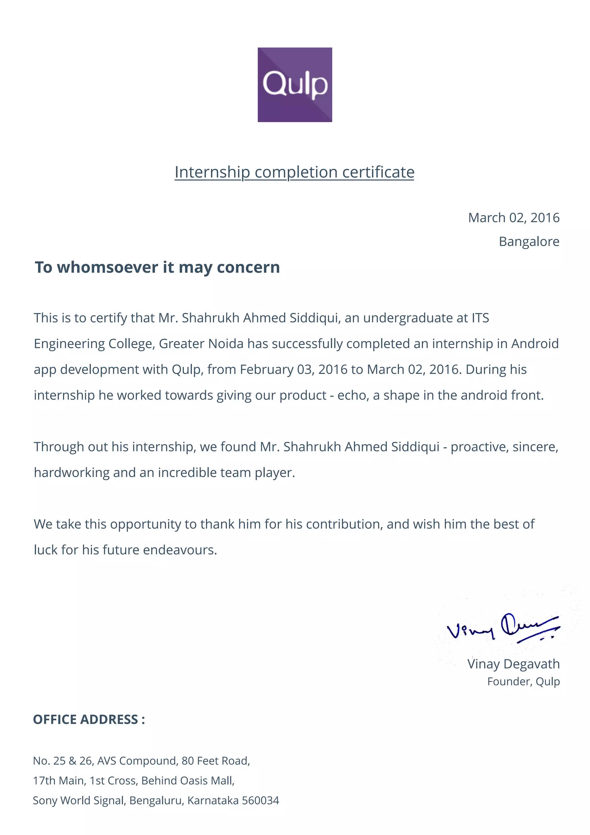 Internship certificate - Shahrukh | PDF