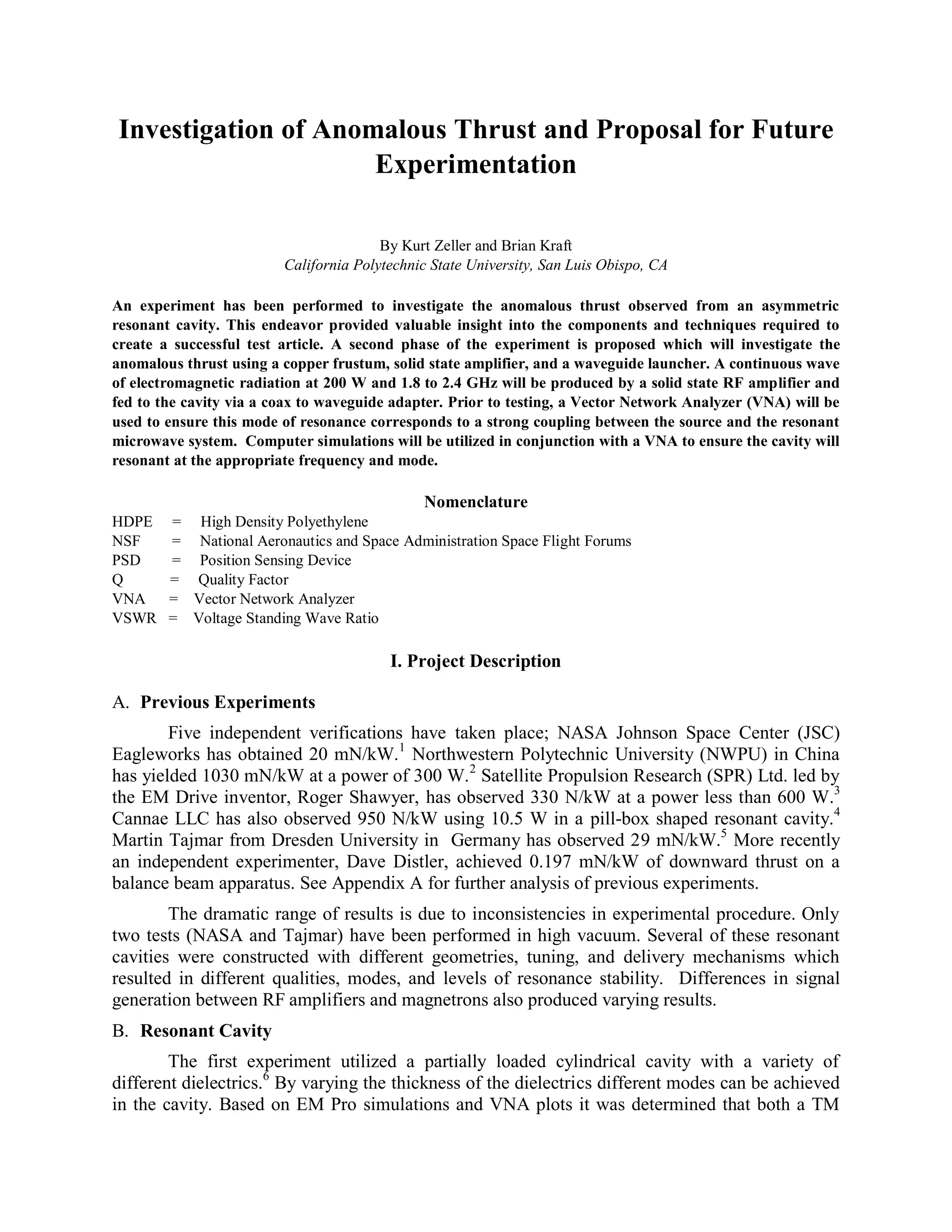 Investigation of Anomalous Thrust and Proposal for Future ...