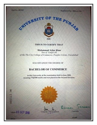 MUHAMMAD ARFAN KHAN Degrees and Certificates | PDF