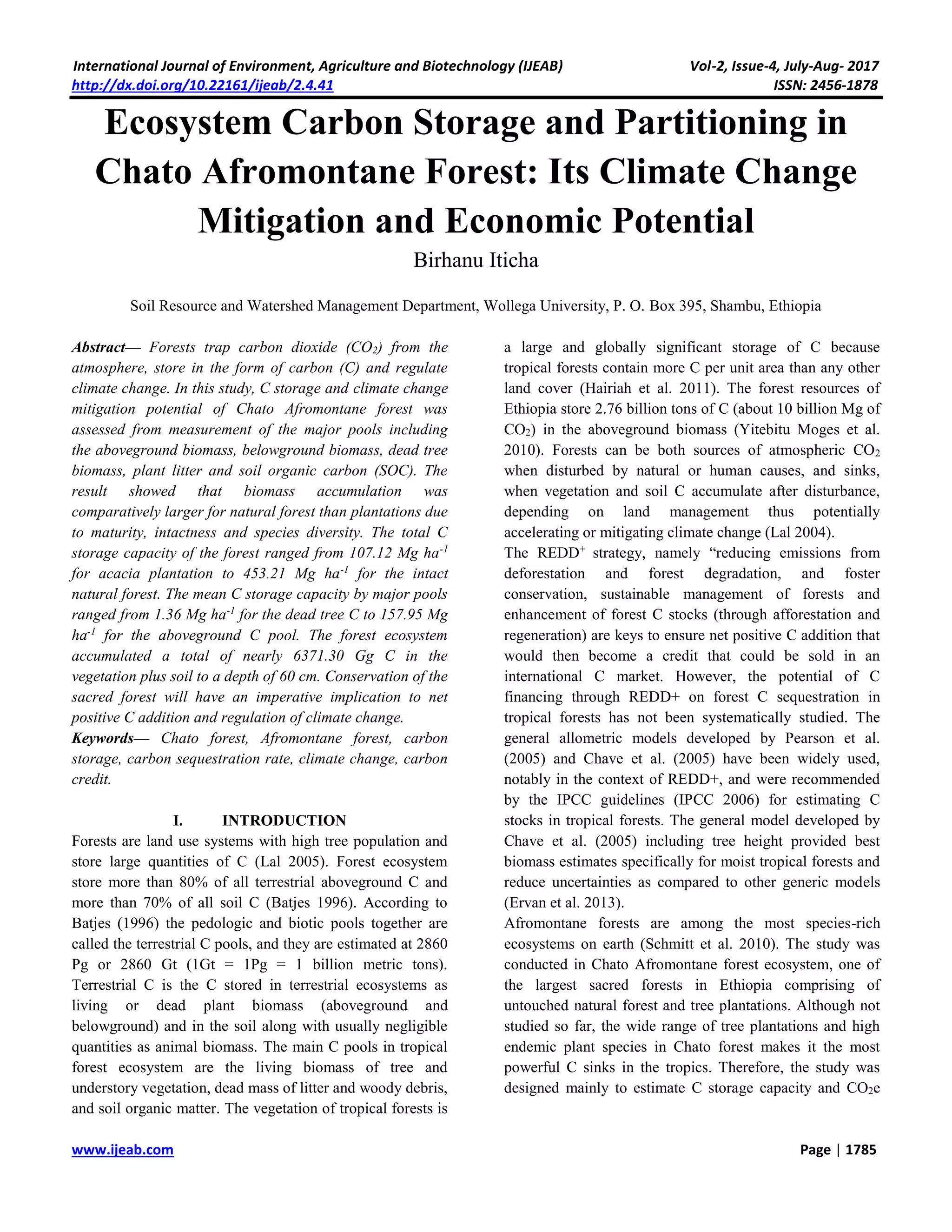 Ecosystem Carbon Storage and Partitioning in Chato Afromontane Forest: Its Climate Change ...