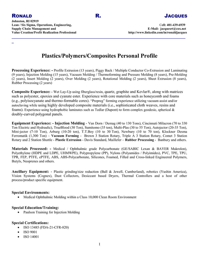 Ronald Jacques Plastics Experience Profile 2015 | PDF