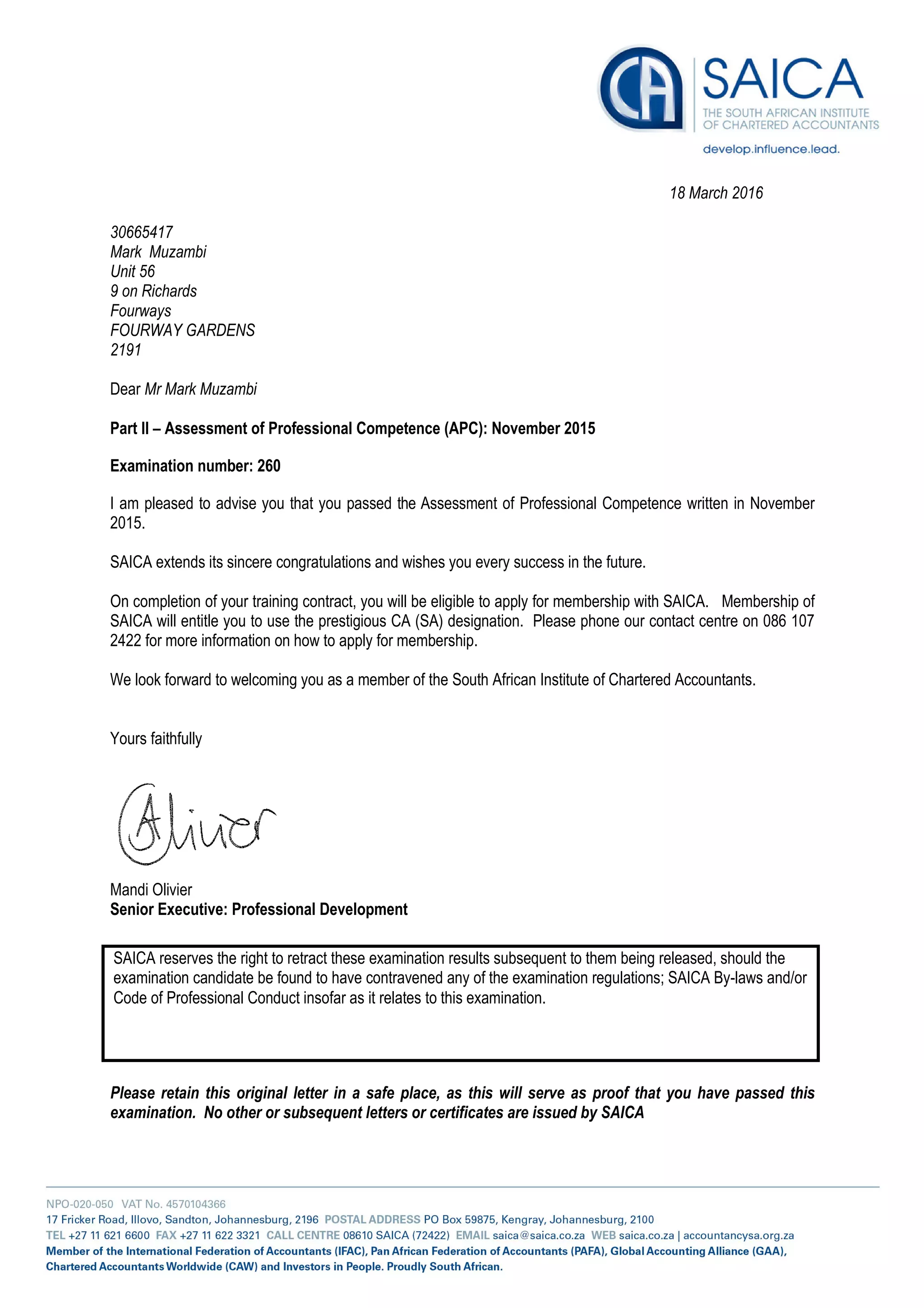 APC Confirmation letter of Mark Muzambi | PDF