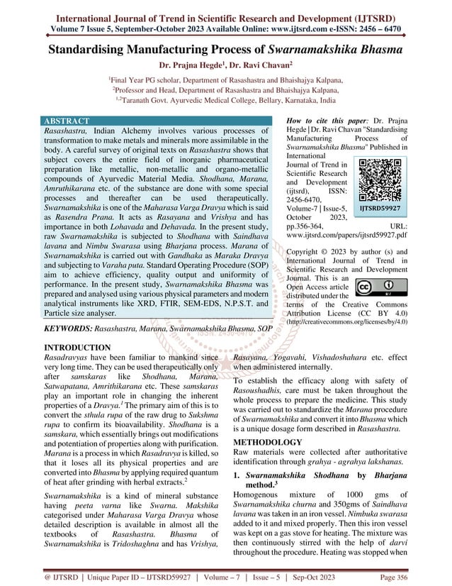 Standardising Manufacturing Process of Swarnamakshika Bhasma | PDF