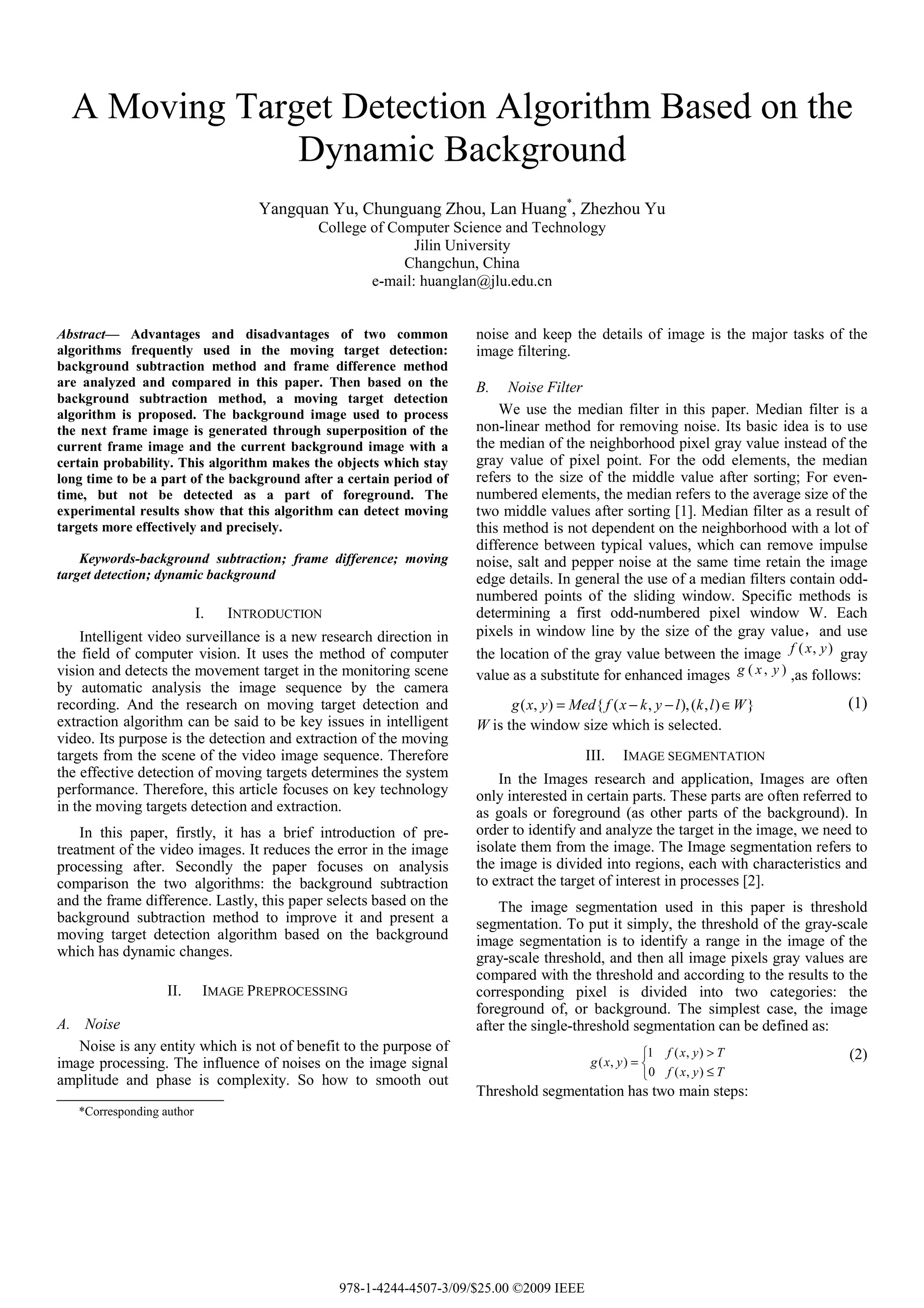 A Moving Target Detection Algorithm Based on Dynamic Background | PDF | Photo Editing Software ...