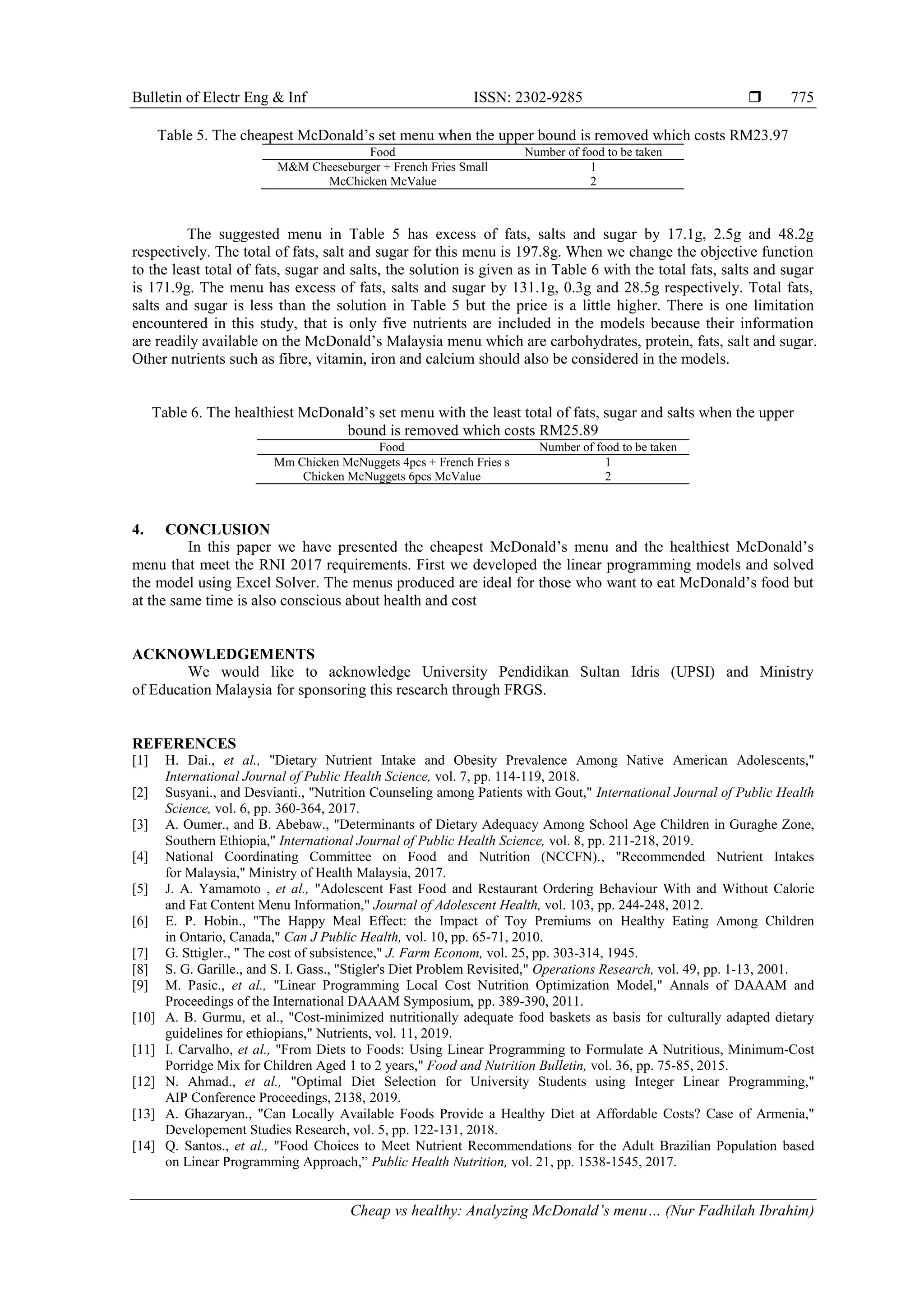 Cheap vs healthy: Analyzing McDonald’s menu using linear programming | PDF