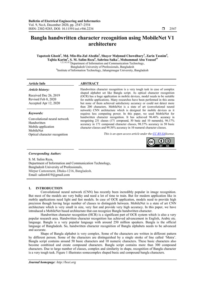 Bangla handwritten character recognition using MobileNet V1 architecture | PDF