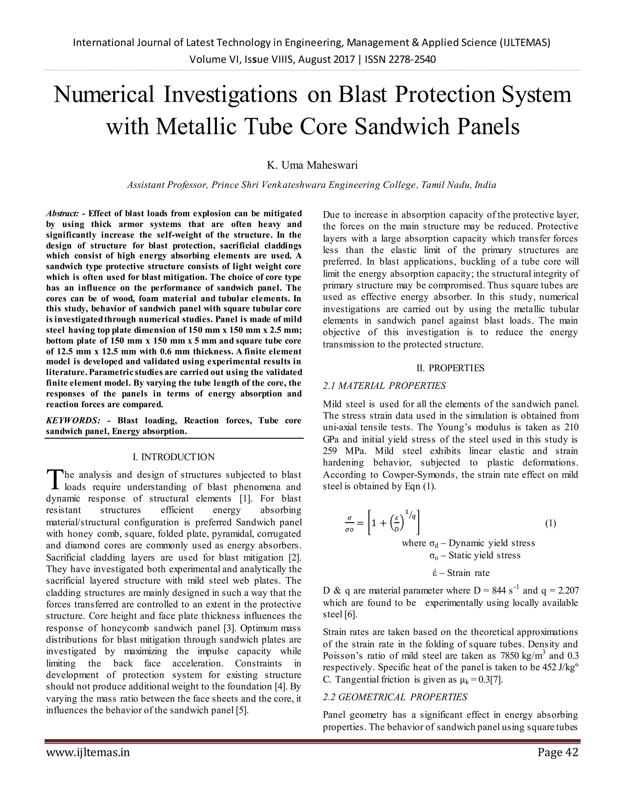 Numerical Investigations on Blast Protection System with Metallic Tube ...