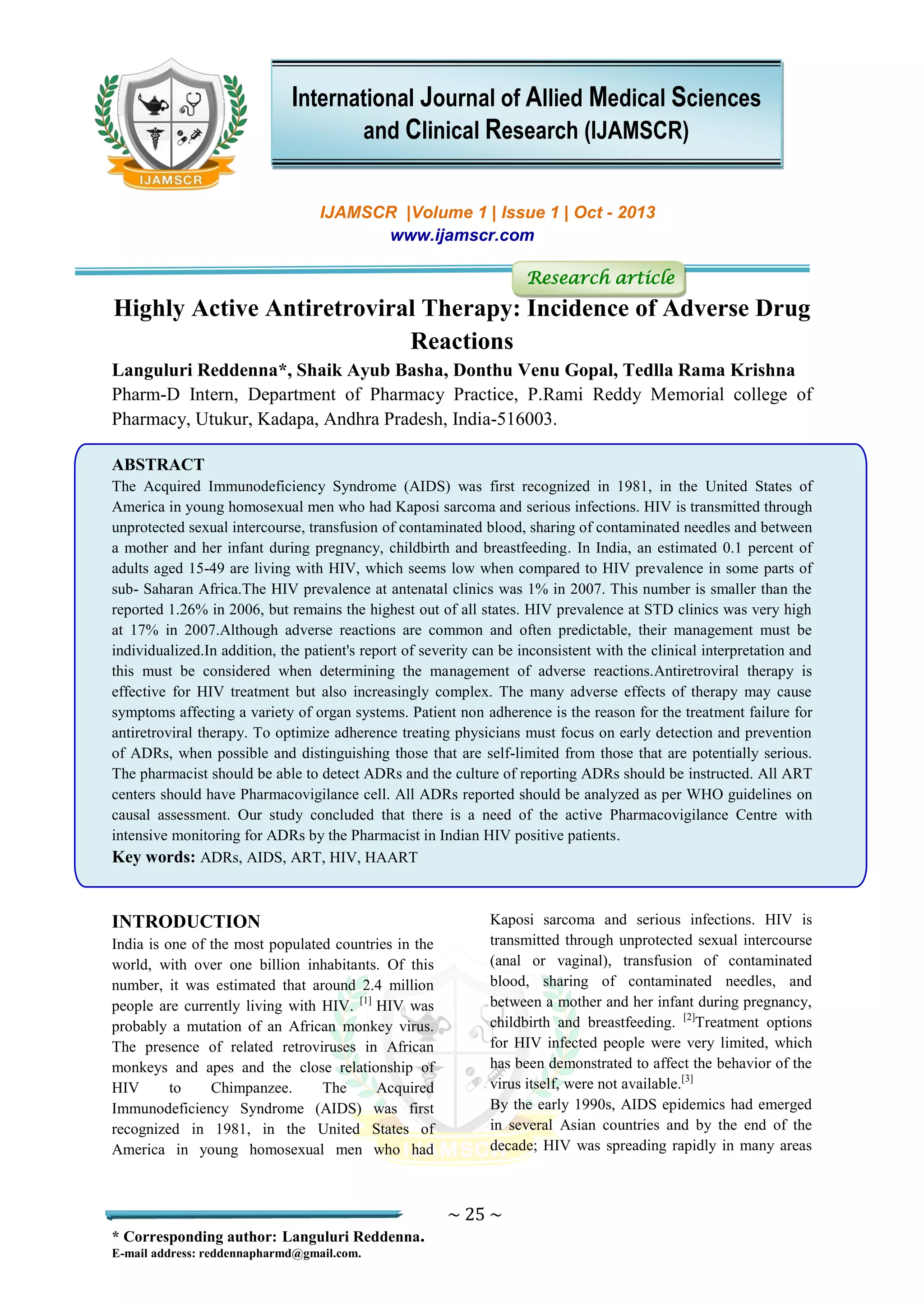 Highly active antiretroviral therapy: Incidence of adverse drug ...