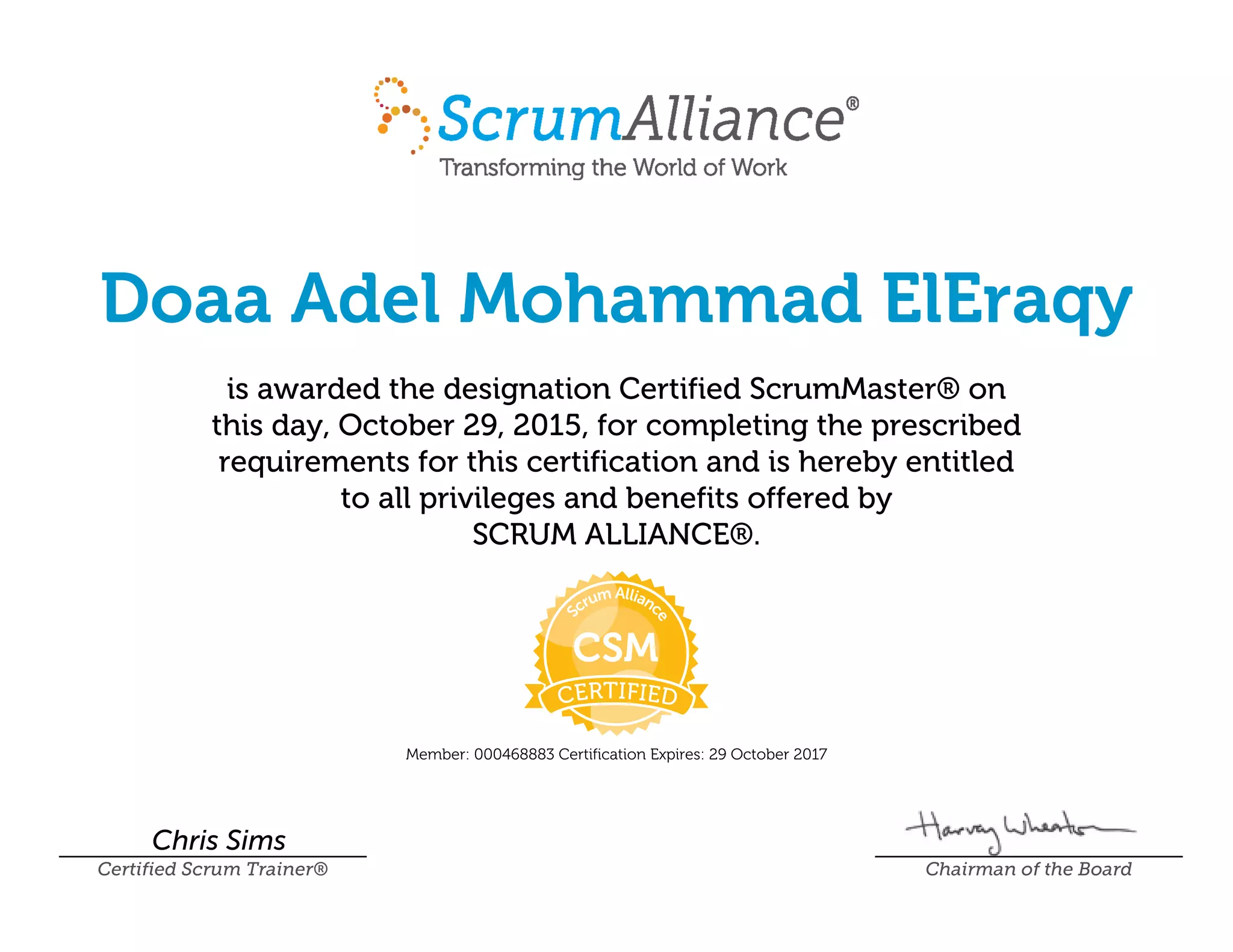 Doaa Adel Mohammad ElEraqy-ScrumAlliance_CSM_Certificate | PDF | Technology & Computing