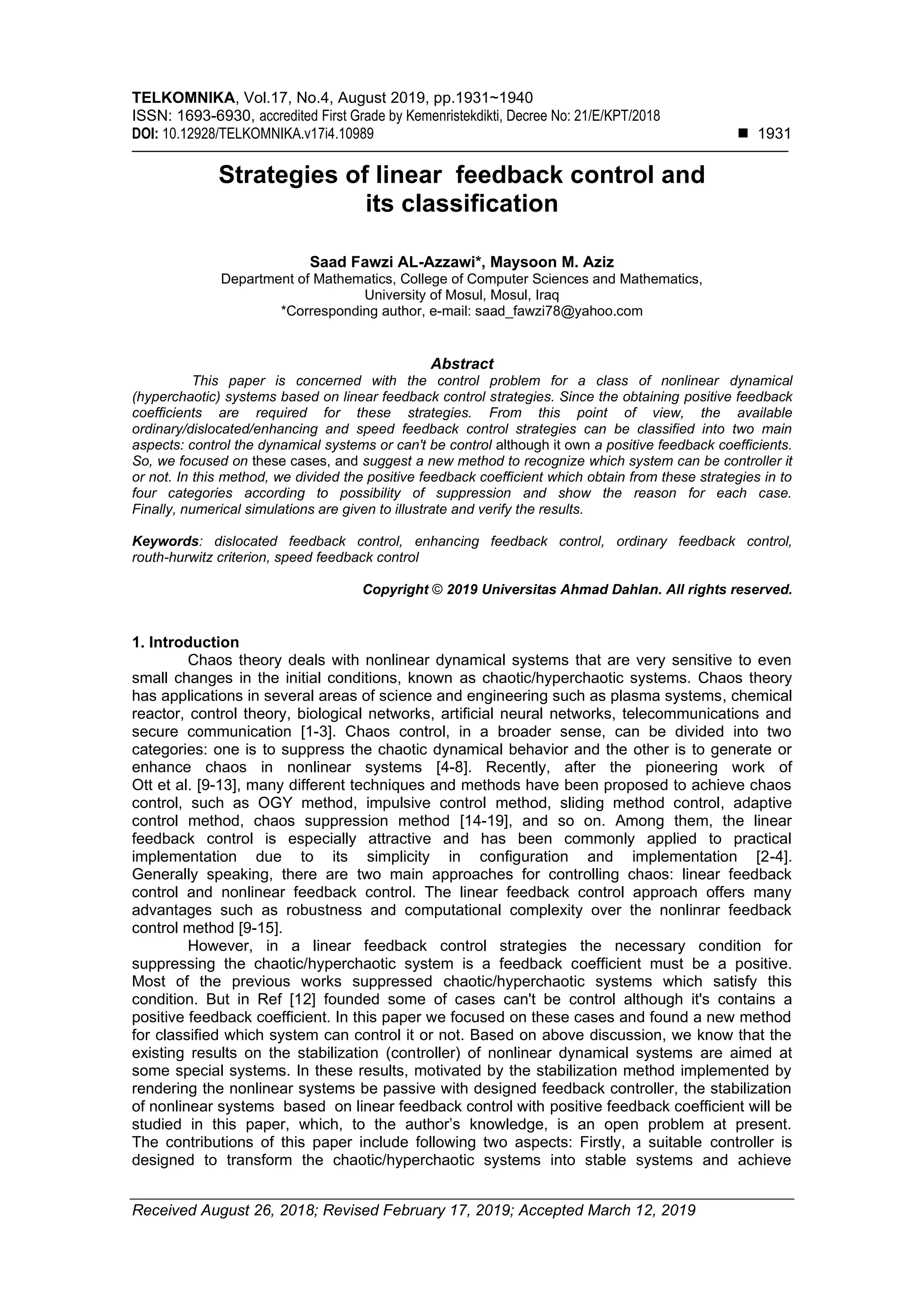 Strategies Of Linear Feedback Control And Its Classification Pdf