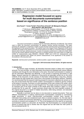 Regression model focused on query for multi documents summarization based on significance of the ...