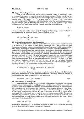 Regression model focused on query for multi documents summarization based on significance of the ...