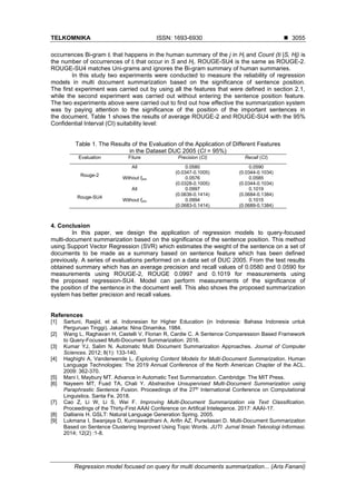 Regression model focused on query for multi documents summarization based on significance of the ...