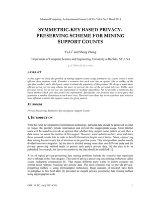 Symmetric-Key Based Privacy-Preserving Scheme For Mining Support Counts | PDF