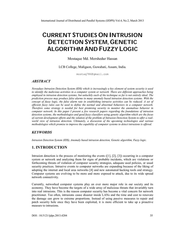 Current Studies On Intrusion Detection System, Genetic Algorithm And Fuzzy Logic | PDF