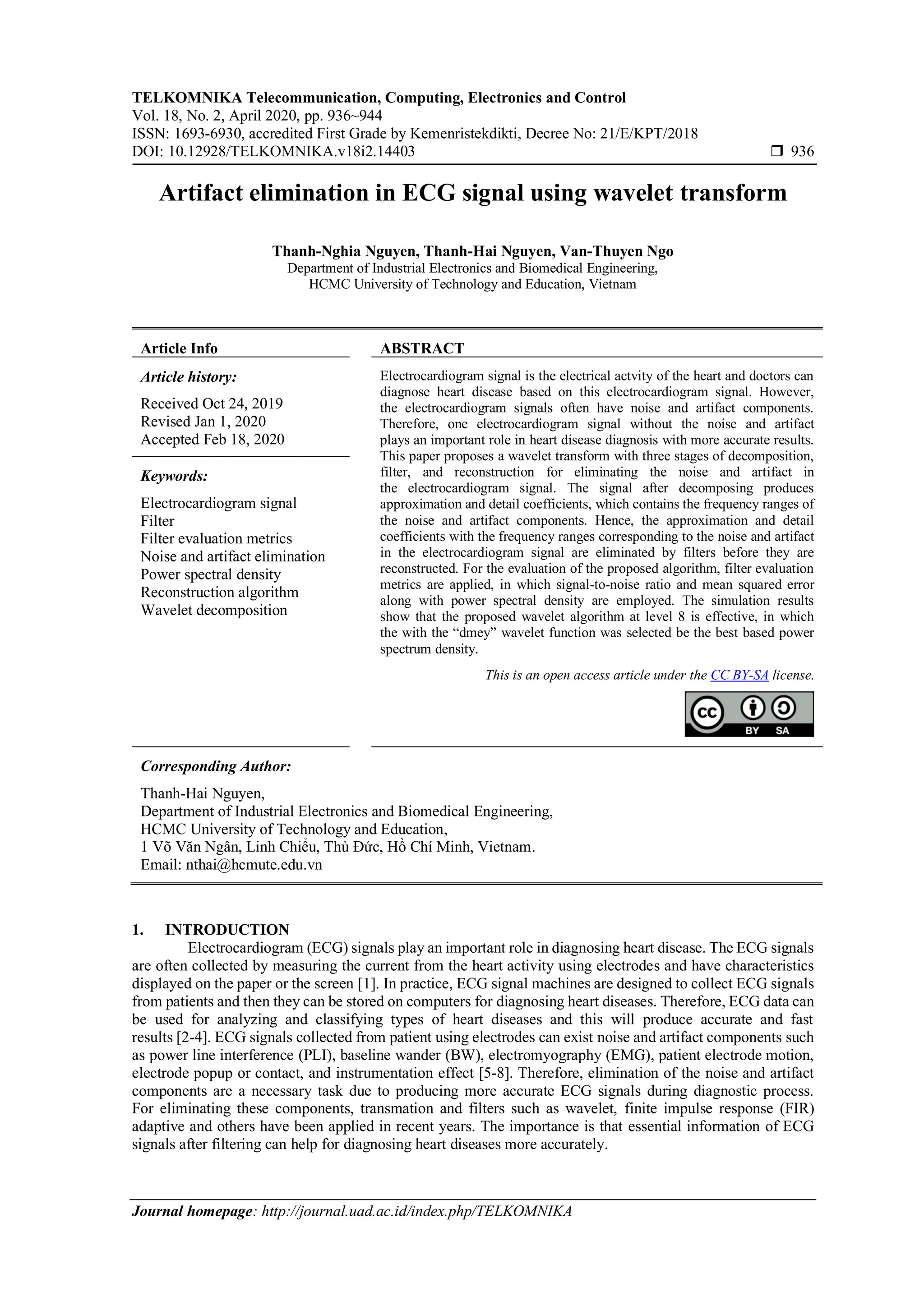 Artifact elimination in ECG signal using wavelet transform | PDF