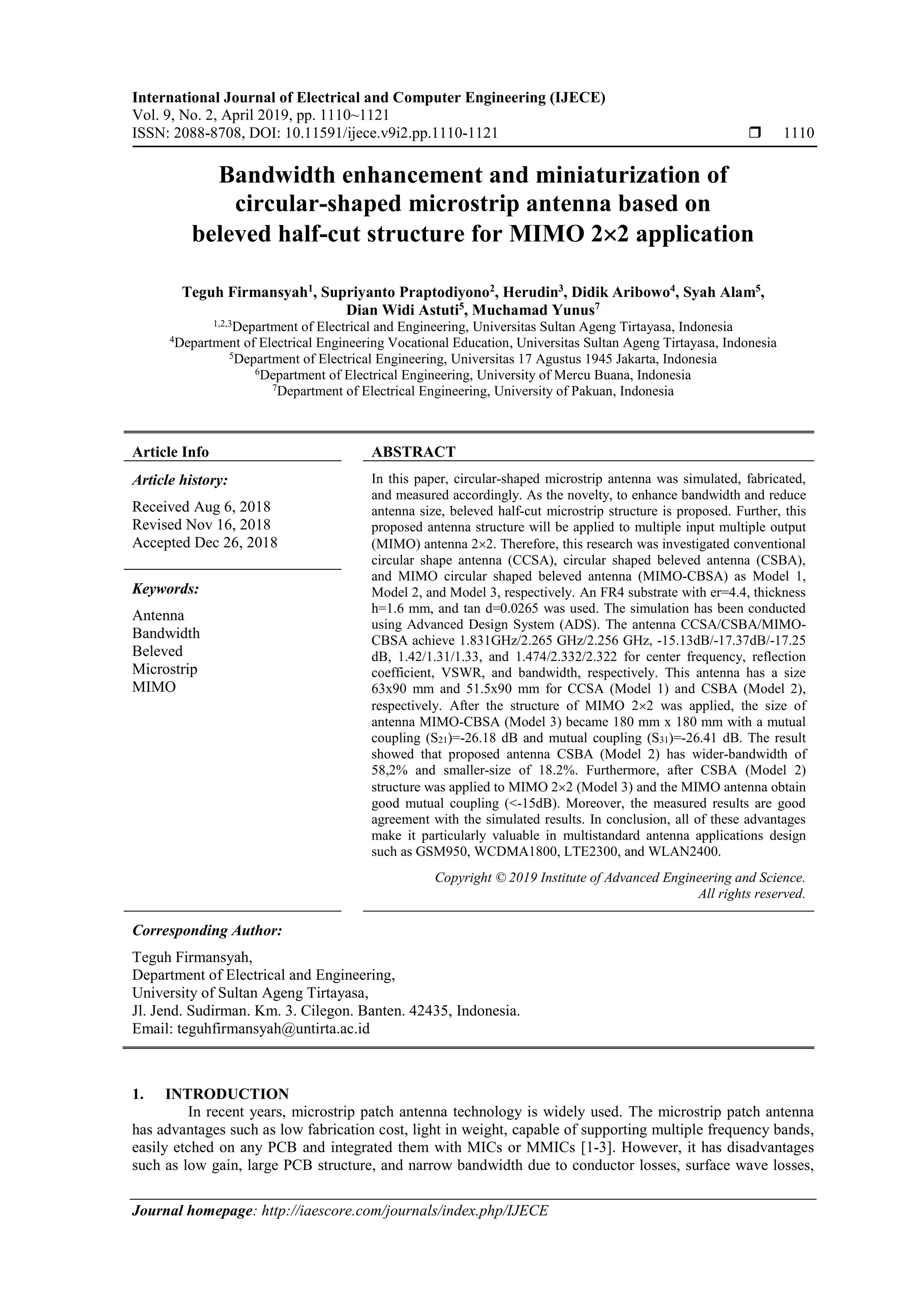 Bandwidth enhancement and miniaturization of circular-shaped microstrip antenna based on beleved ...