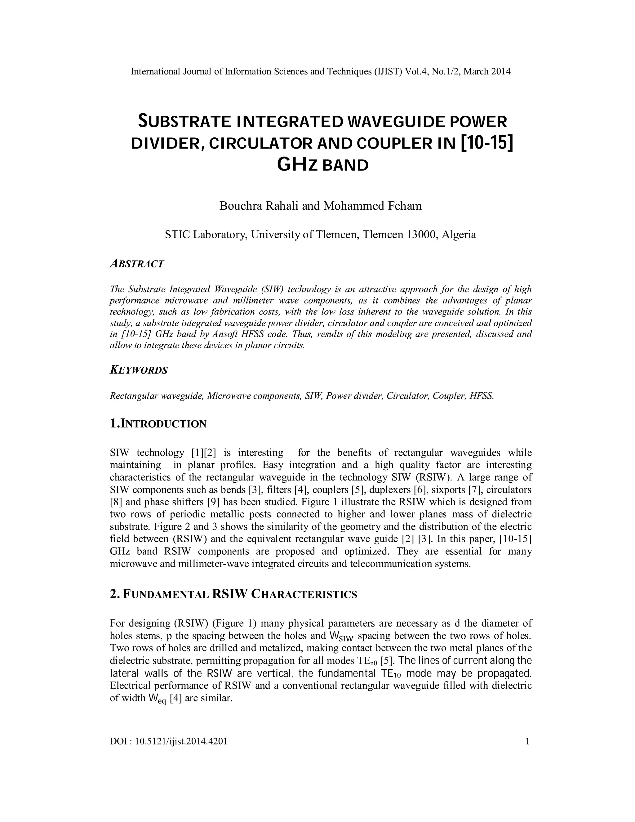 SUBSTRATE INTEGRATED WAVEGUIDE POWER DIVIDER, CIRCULATOR AND COUPLER IN ...