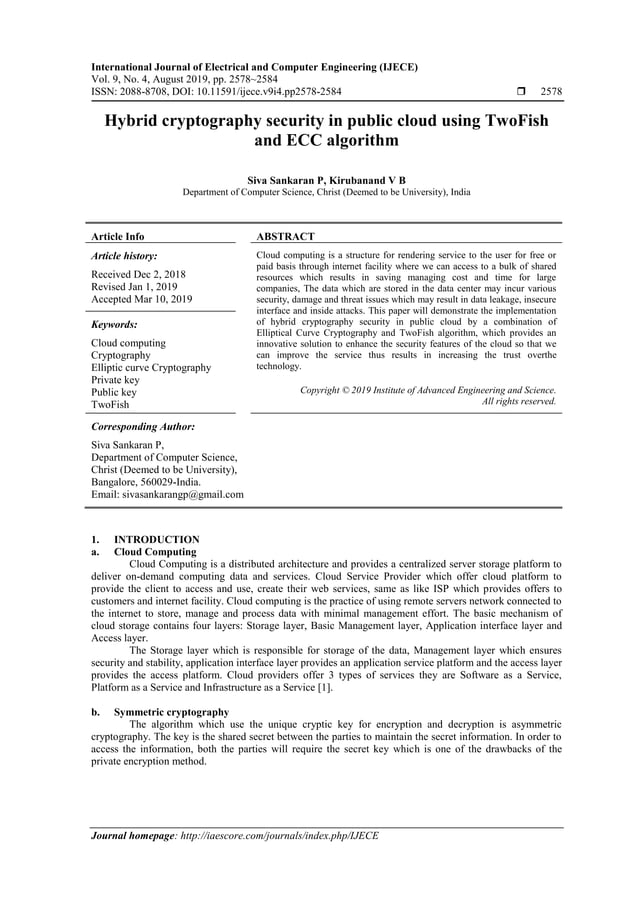 Hybrid Cryptography security in public cloud using TwoFish and ECC algorithm | PDF