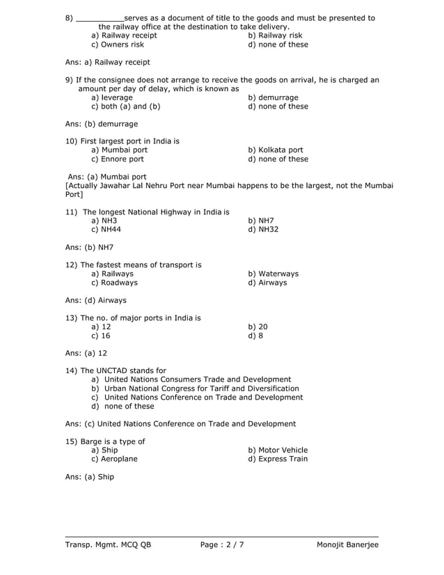 421698388 transport-management-mcq-question-bank | PDF