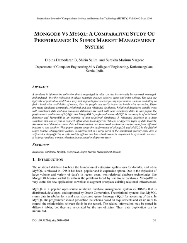 MONGODB VS MYSQL: A COMPARATIVE STUDY OF PERFORMANCE IN SUPER MARKET MANAGEMENT SYSTEM | PDF