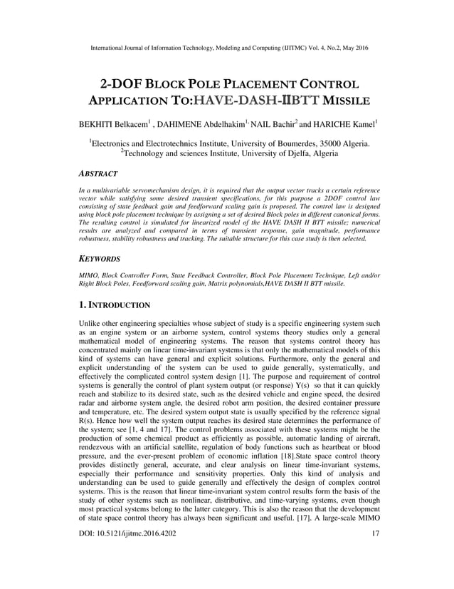 2-DOF Block Pole Placement Control Application To: Have-DASH-IIBITT Missile | PDF