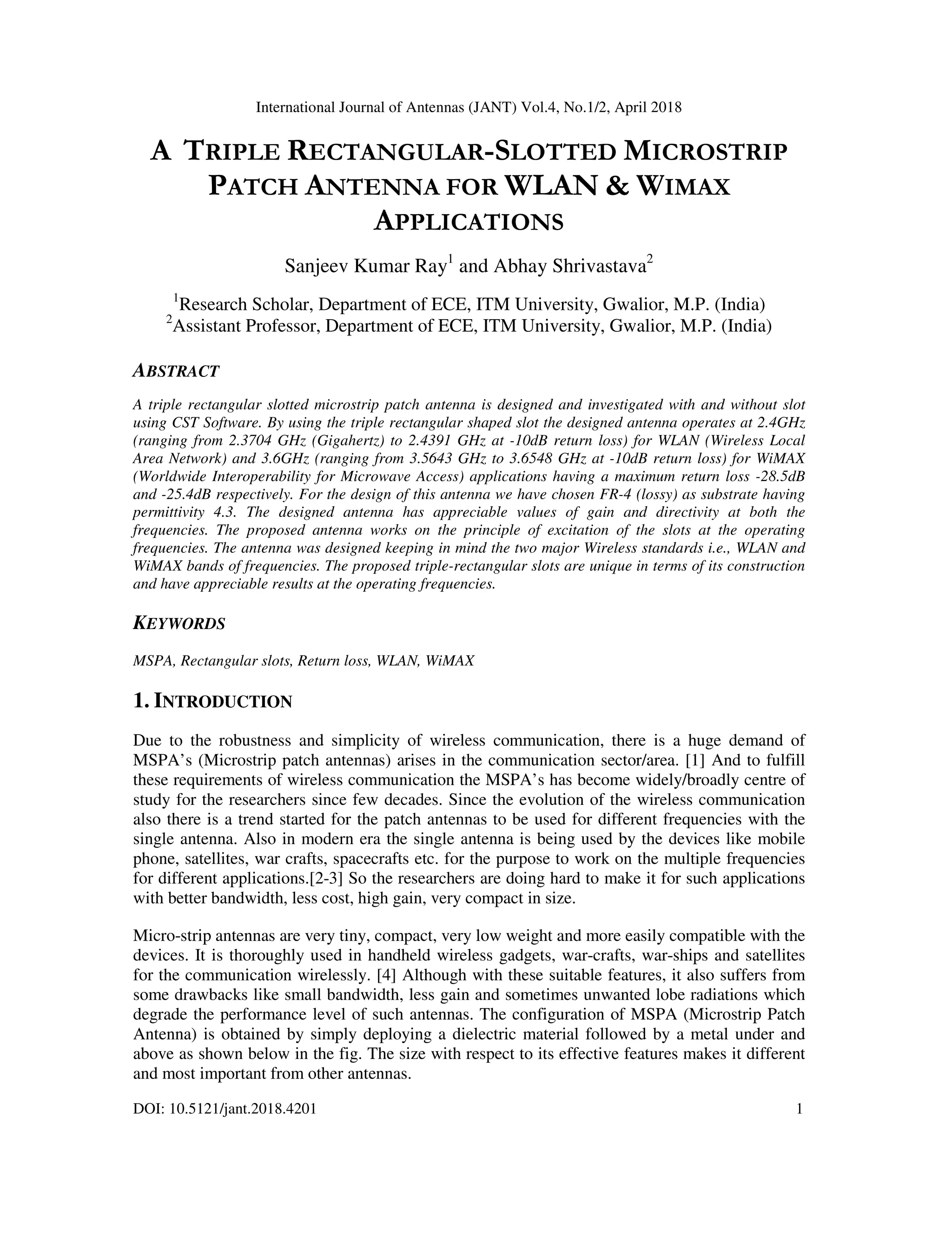 A TRIPLE RECTANGULAR-SLOTTED MICROSTRIP PATCH ANTENNA FOR WLAN & WIMAX APPLICATIONS | PDF