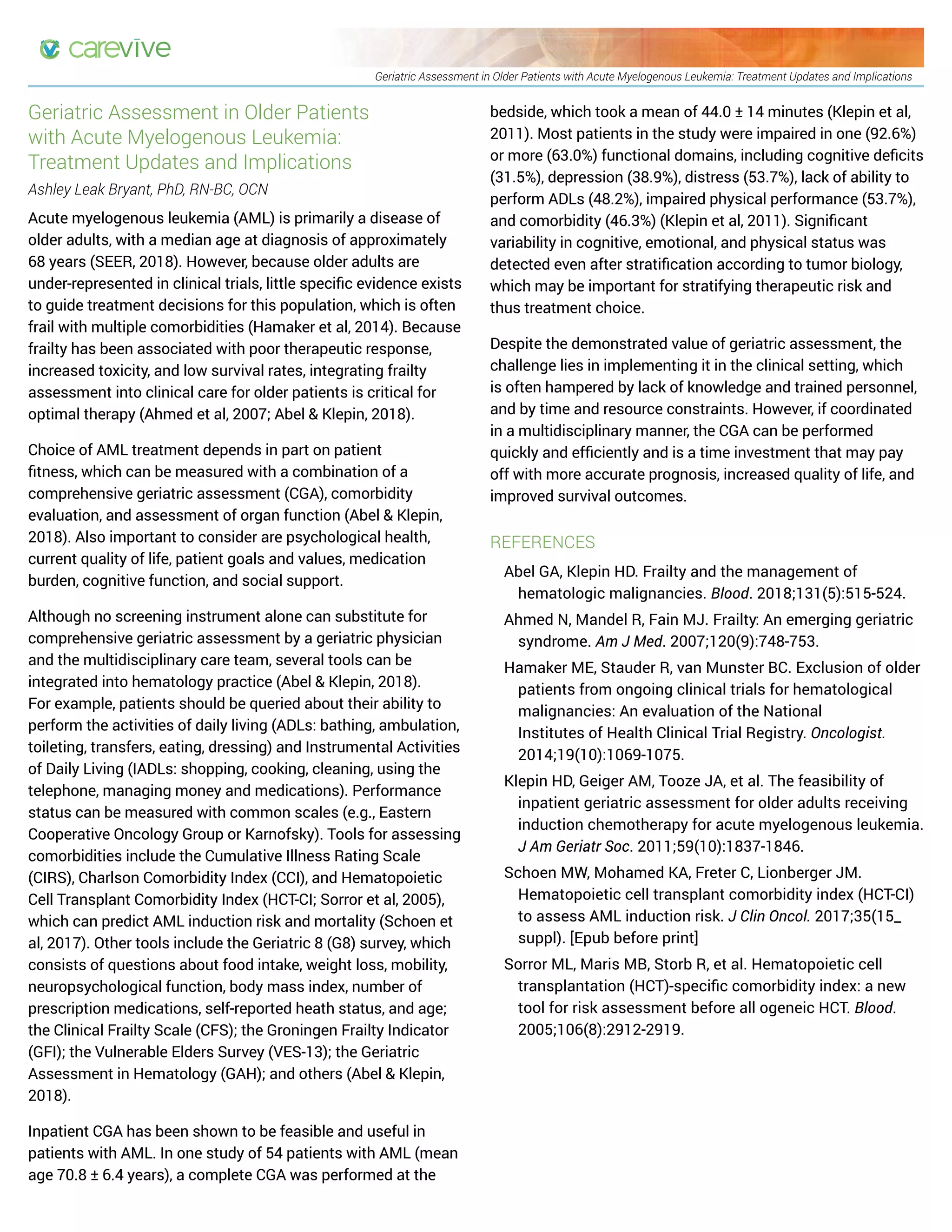 Geriatric Assessment in Older Patients with Acute Myelogenous Leukemia ...