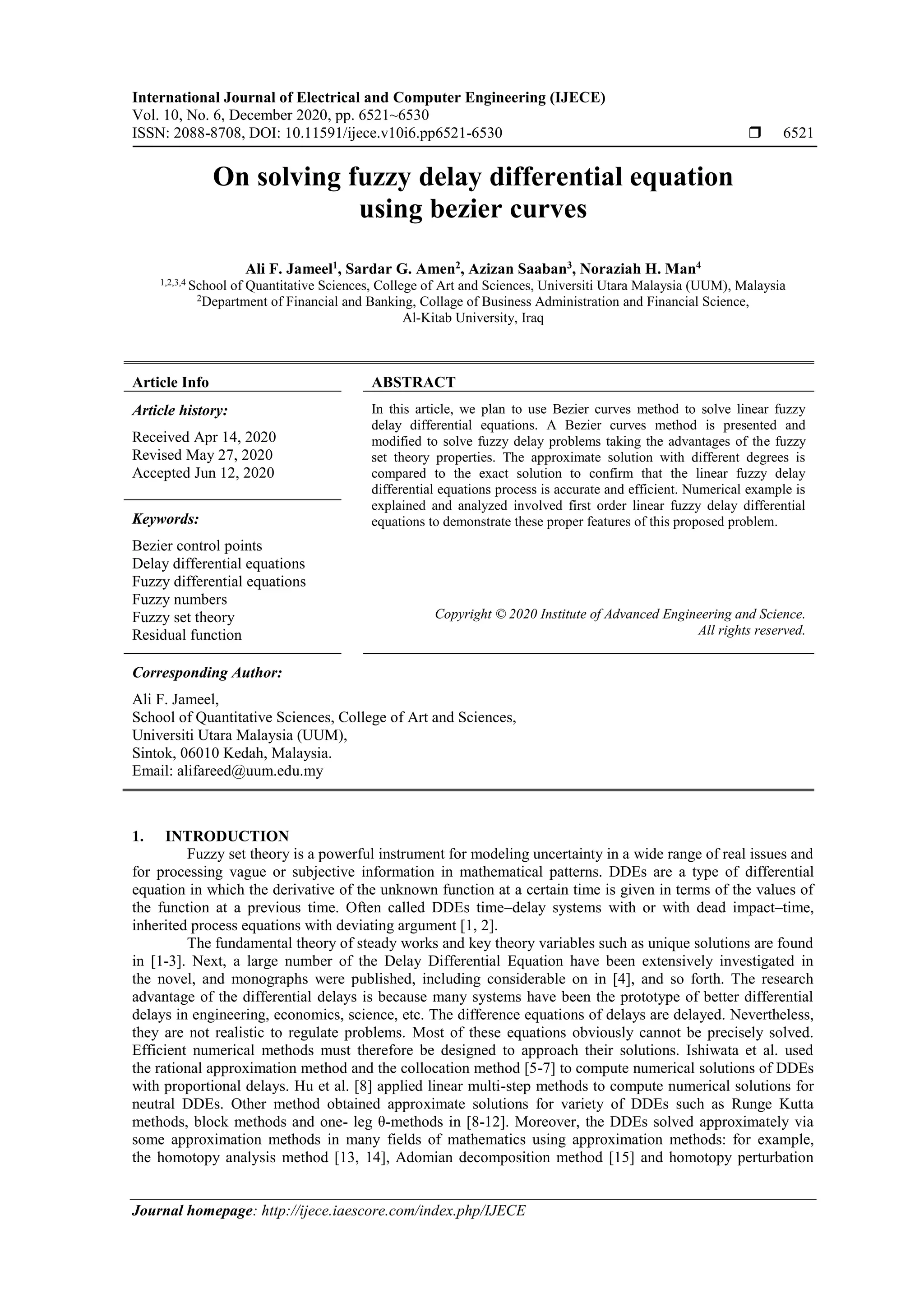 On Solving Fuzzy Delay Differential Equationusing Bezier Curves Pdf