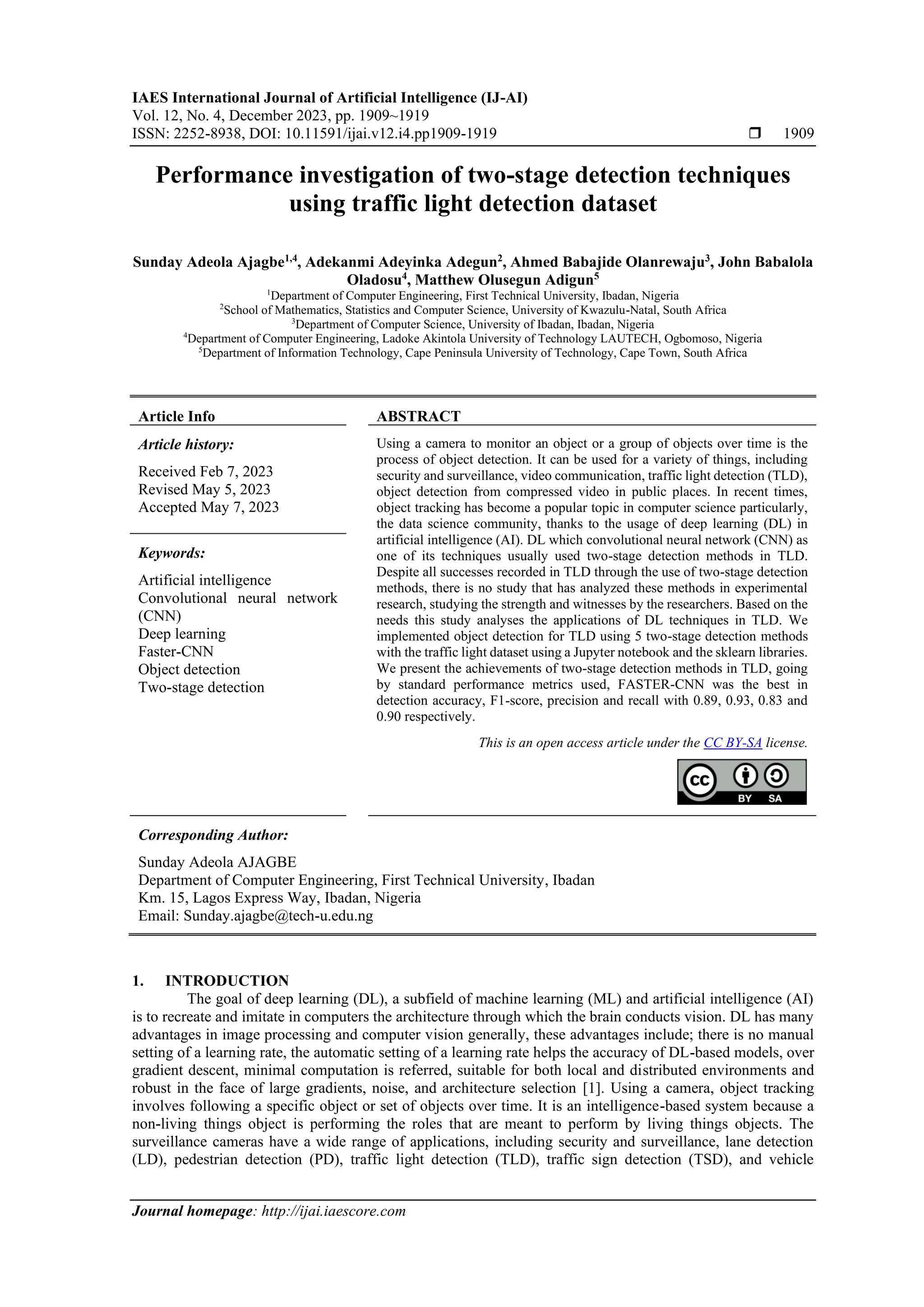 Performance Investigation Of Two Stage Detection Techniques Using Traffic Light Detection